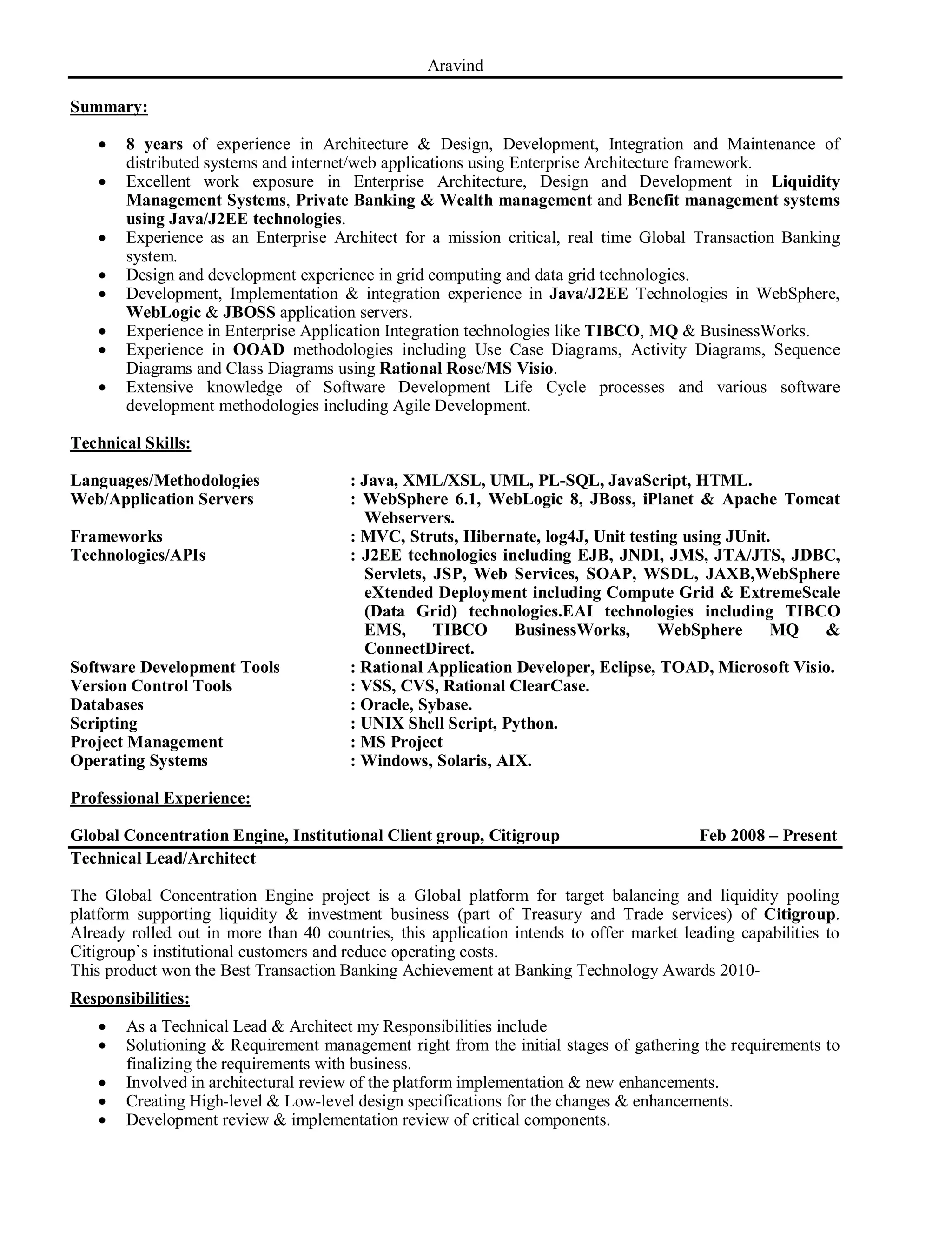 JAVA J2EE LEAD coming out of CITI | PDF