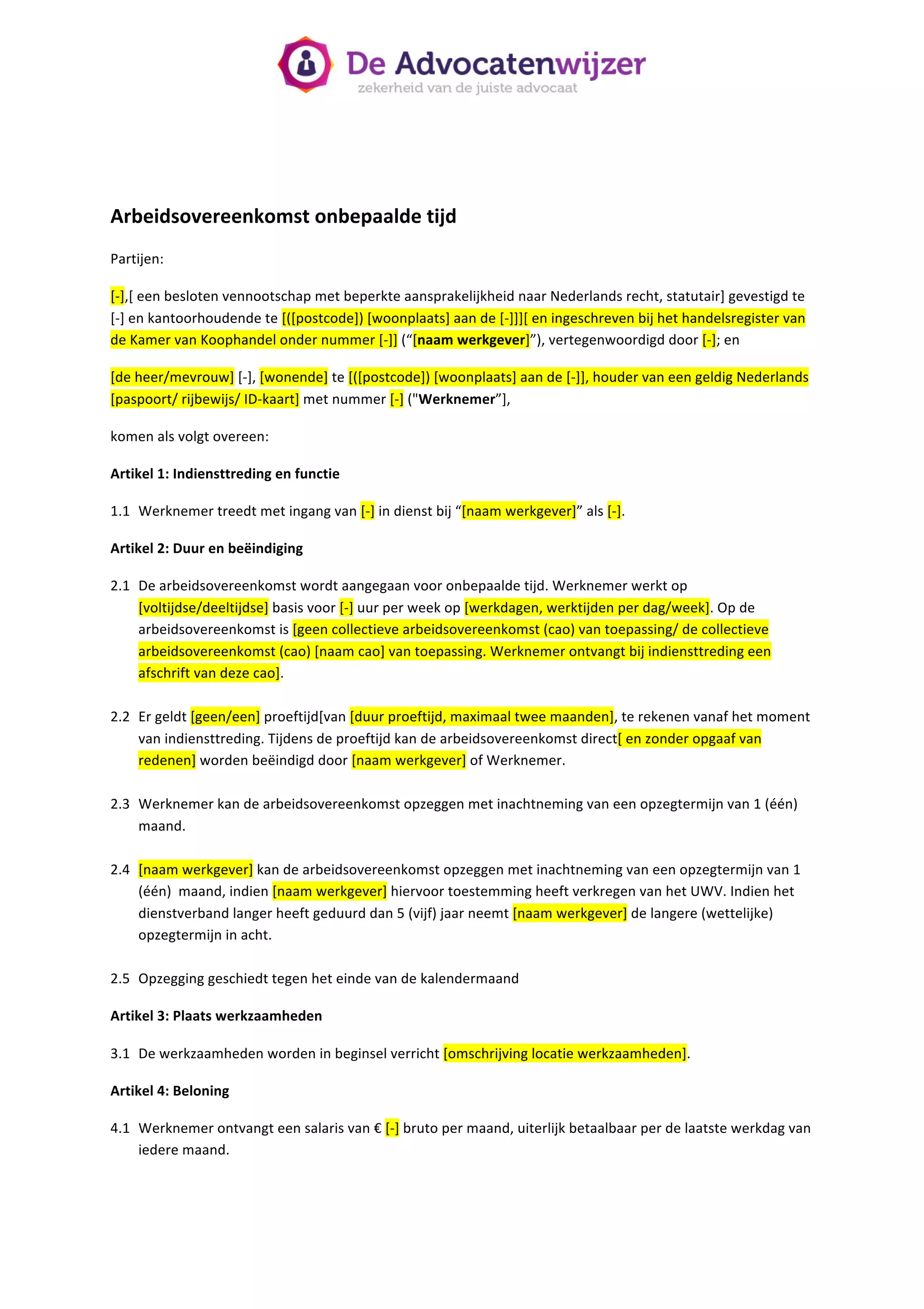 Arbeidsovereenkomst onbepaalde tijd- De Advocatenwijzer | PDF