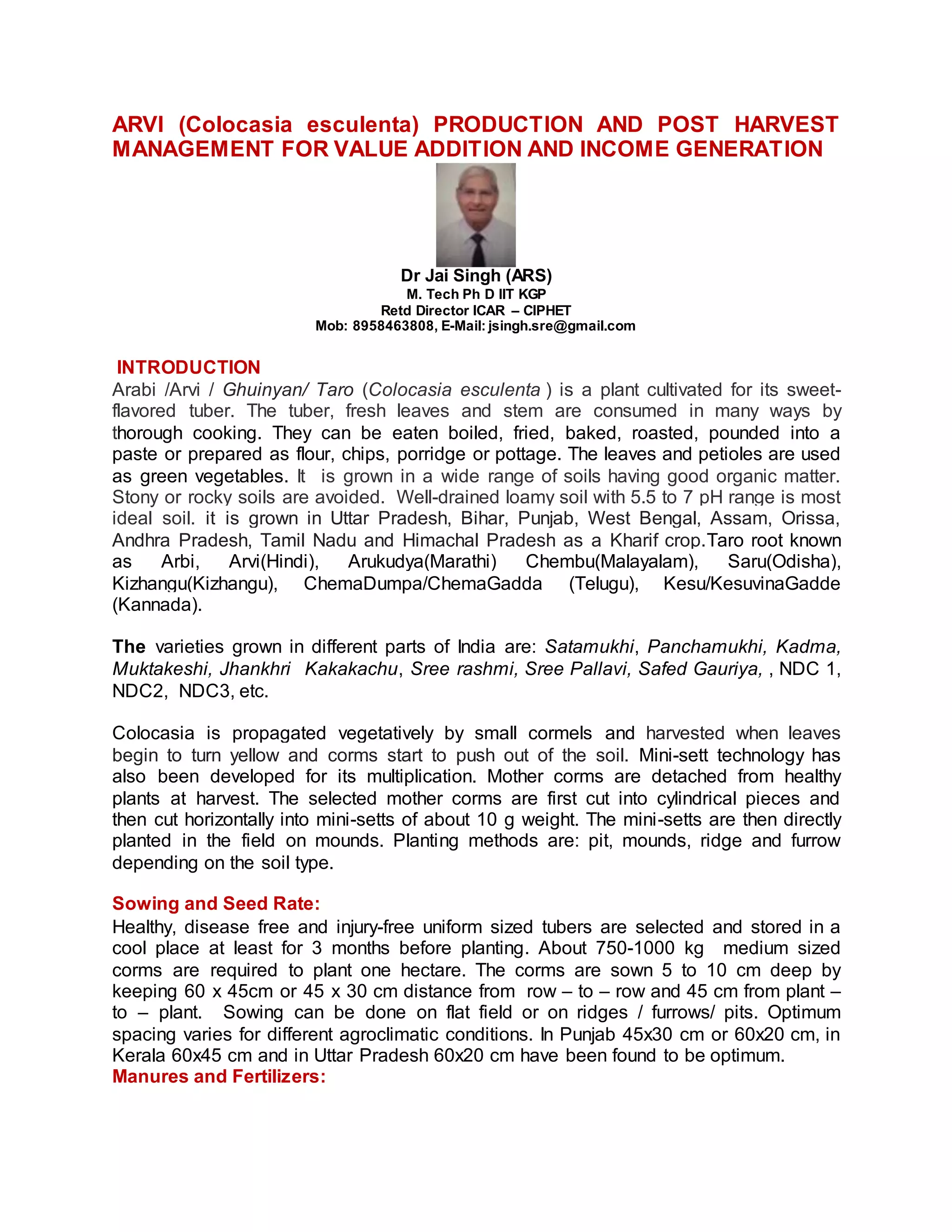 ARVI (Colocasia esculenta) PRODUCTION AND POST HARVEST MANAGEMENT FOR ...