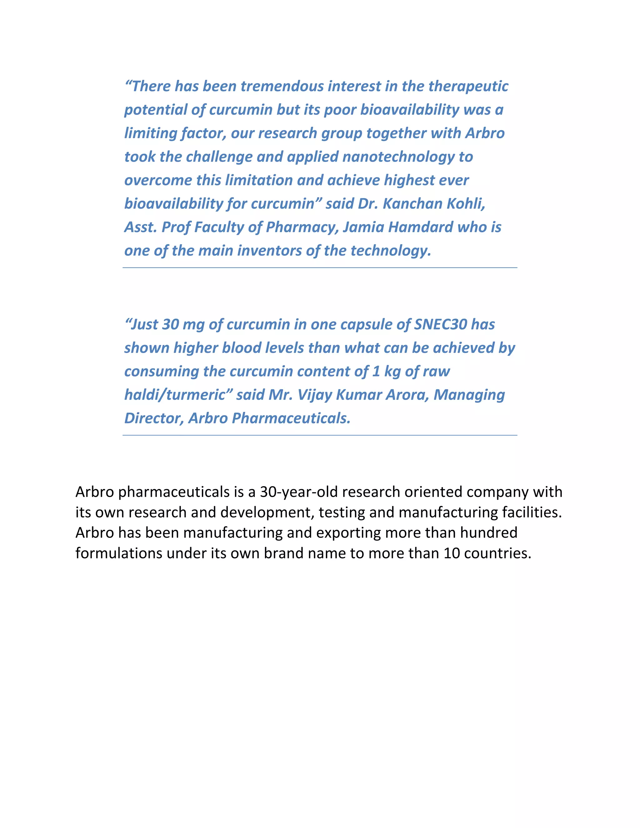 Arbro Launches Nanotechnology based Bioavailable Curcumin | PDF