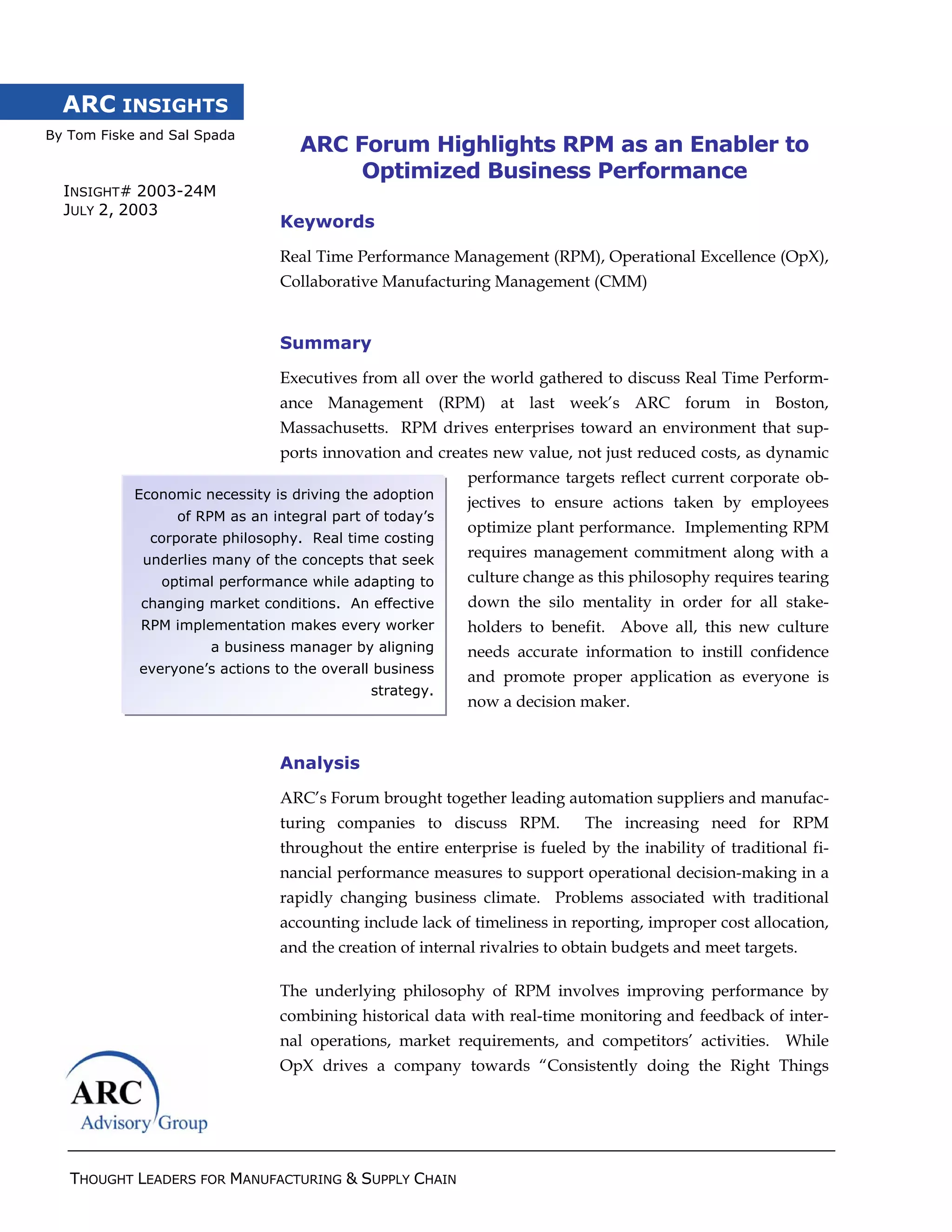 ARC Forum Highlights RPM as an Enabler to Optimized Business ...