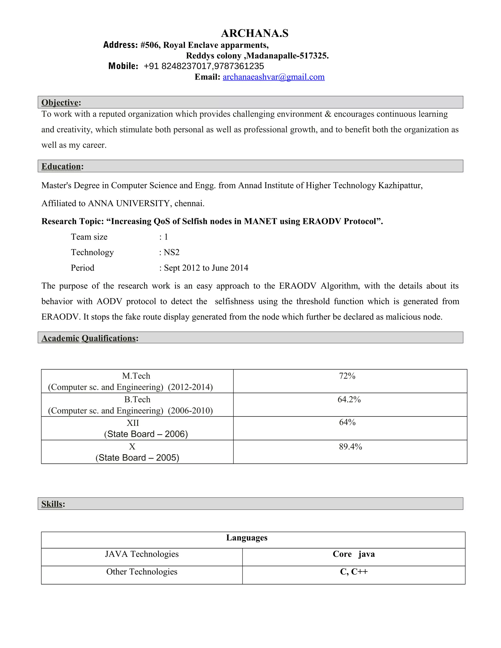 Archana resume company | PDF