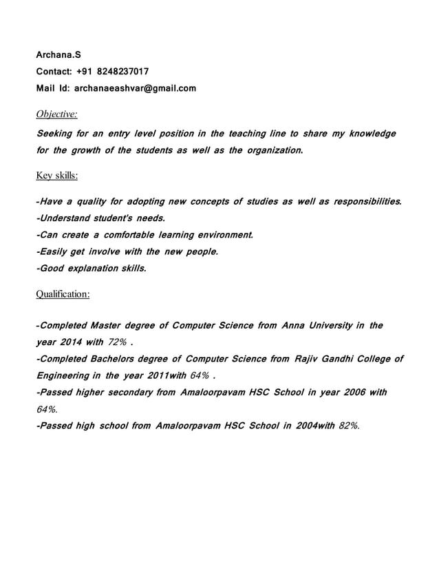 Archana resume teacher | PDF
