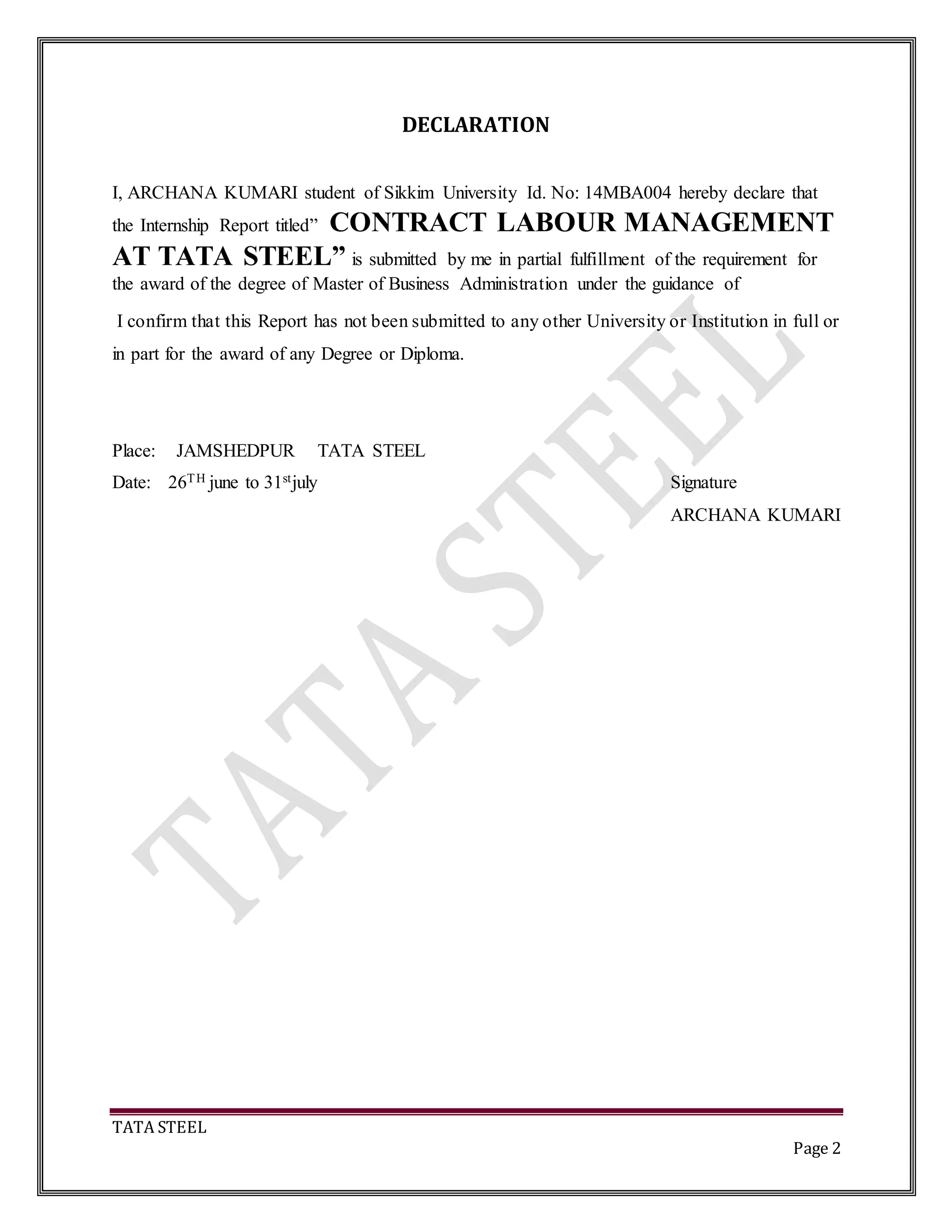 tata steel project on "contract labour management" | DOCX
