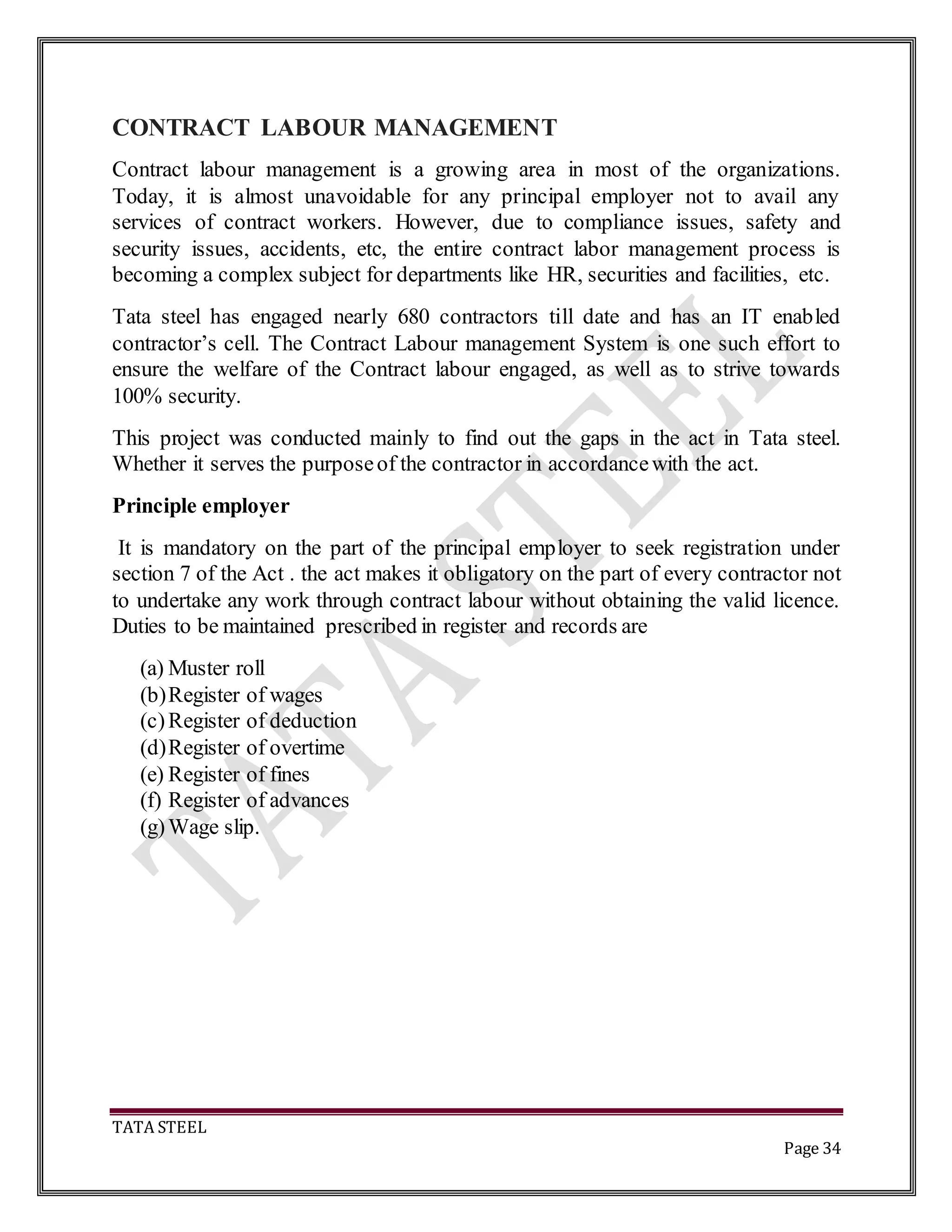 tata steel project on "contract labour management" | DOCX