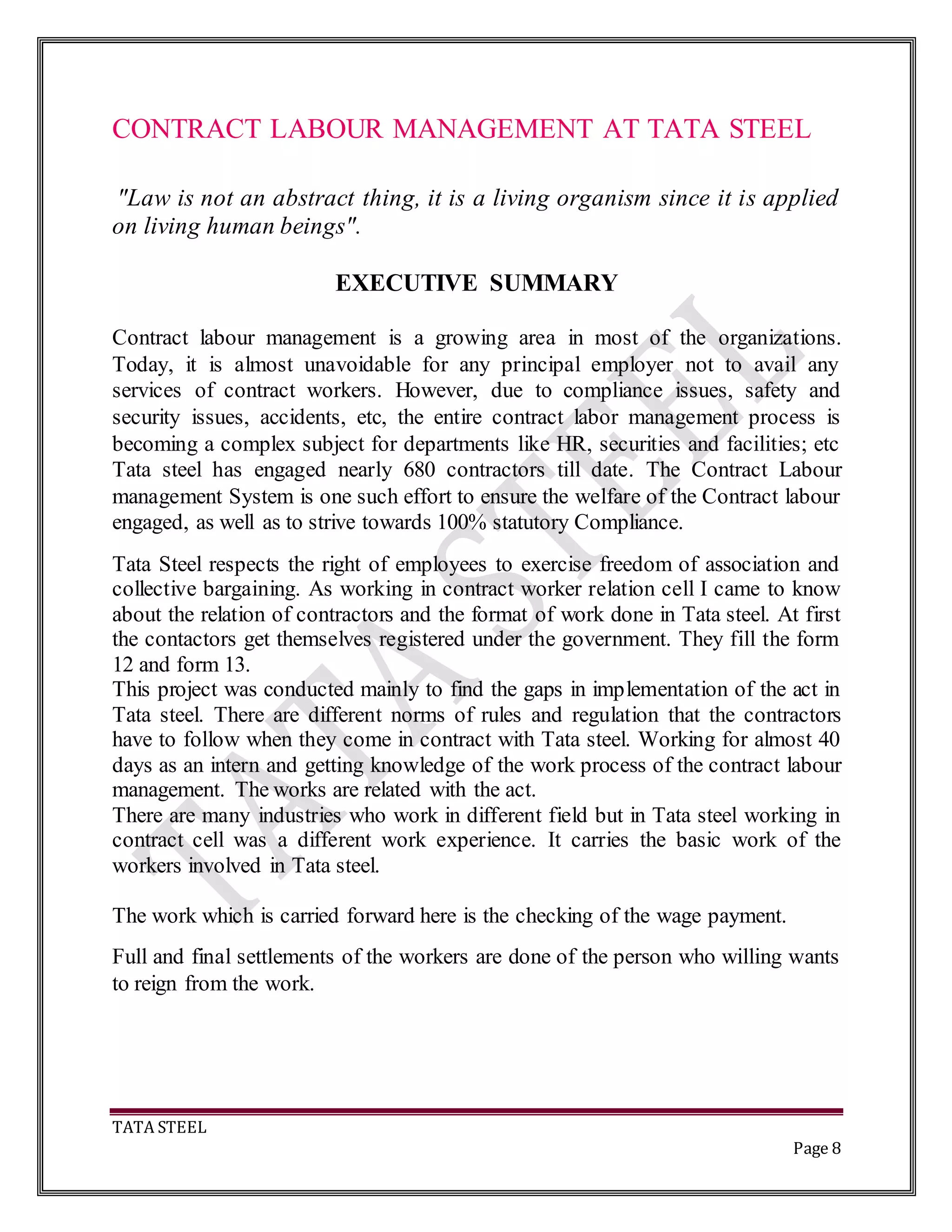 tata steel project on "contract labour management" | DOCX