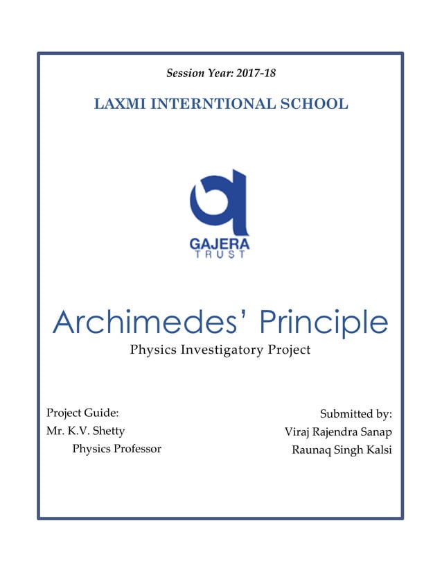 Archimedes' principle (Class XI Physics Investigatory Project) | PDF