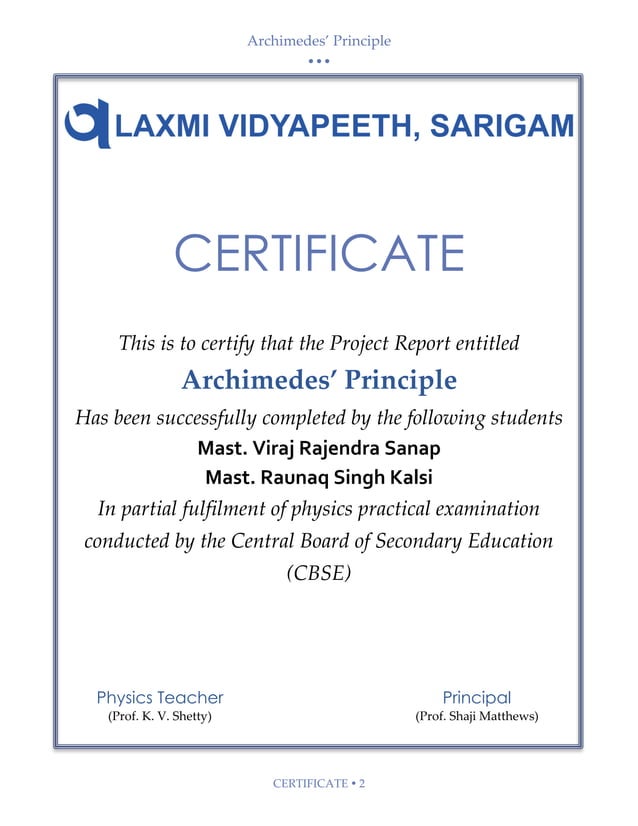 Archimedes' principle (Class XI Physics Investigatory Project) | PDF