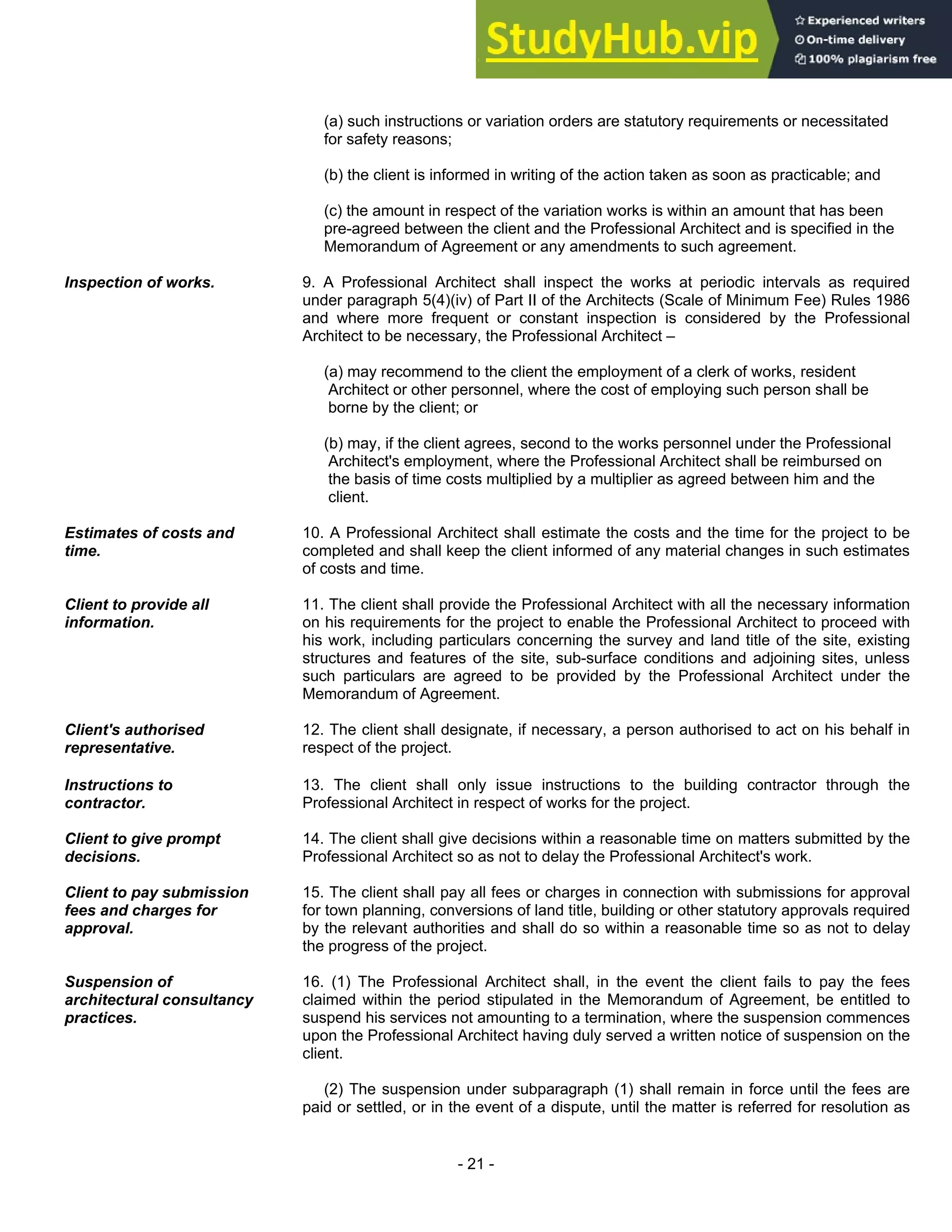 ARCHITECTS (SCALE OF MINIMUM FEES) RULES 2010 ARRANGEMENT OF RULES | PDF