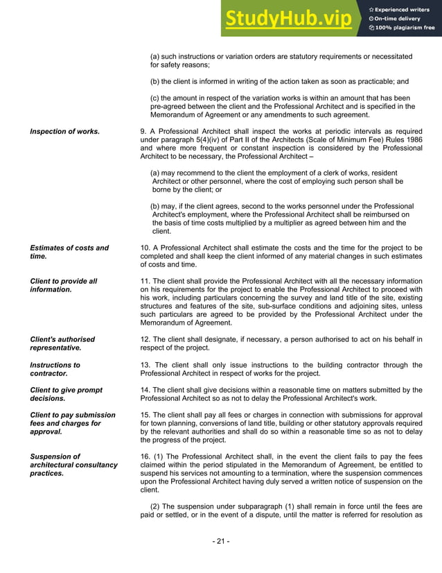 ARCHITECTS (SCALE OF MINIMUM FEES) RULES 2010 ARRANGEMENT OF RULES | PDF