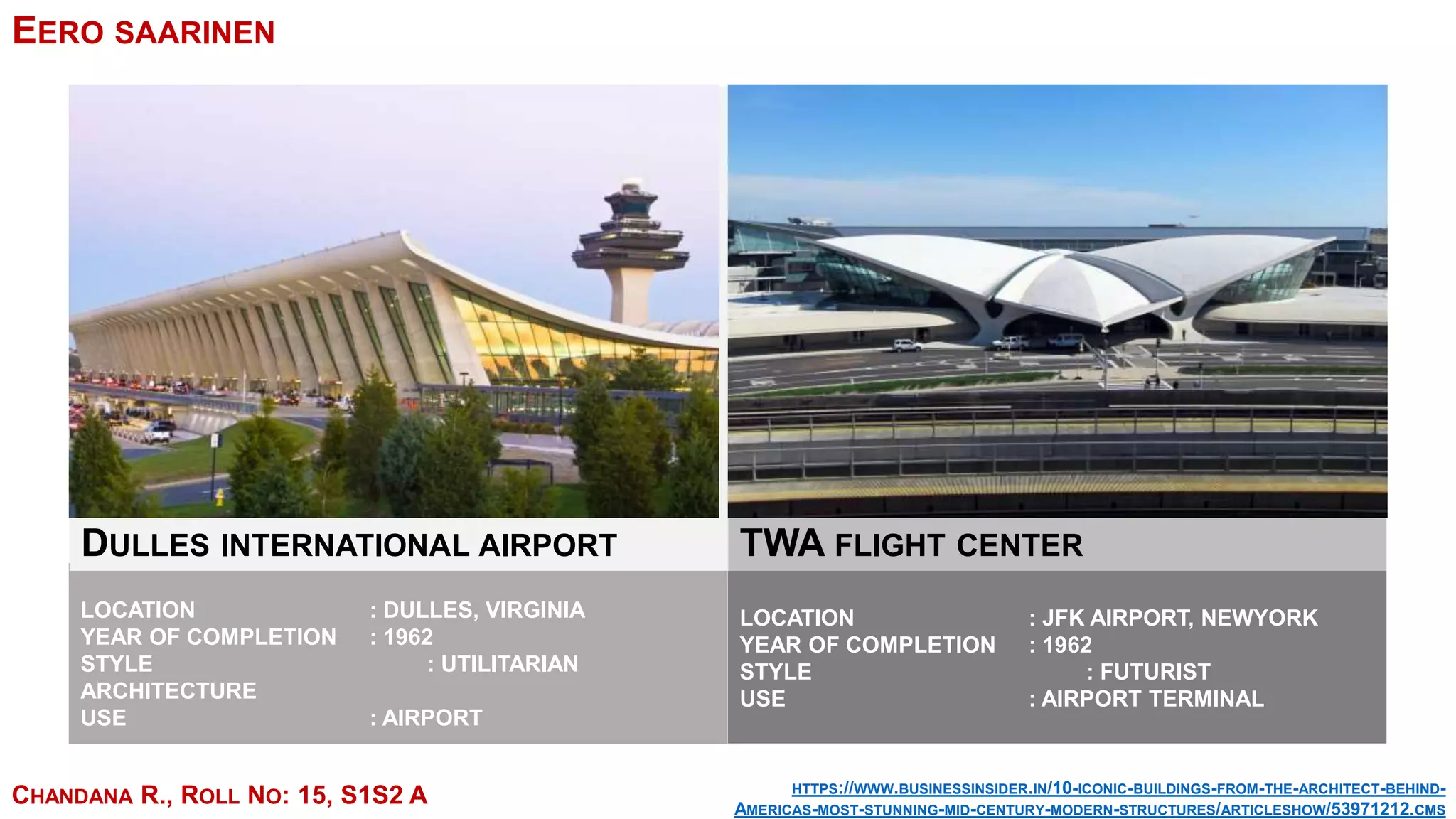 Architects & Their 3 Important Works: EERO SAARINEN & TOM WRIGHT | PPT