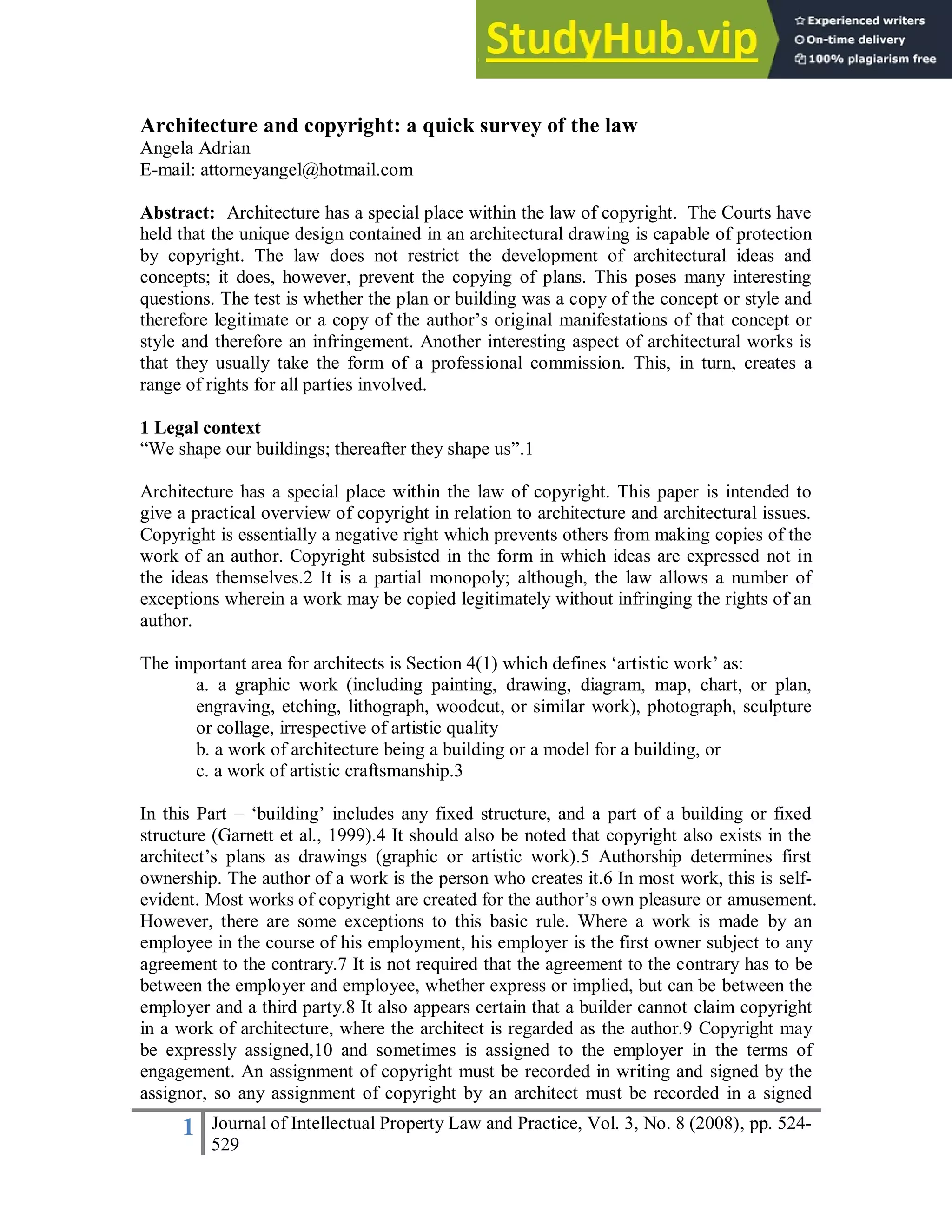 Architecture And Copyright A Quick Survey Of The Law | PDF