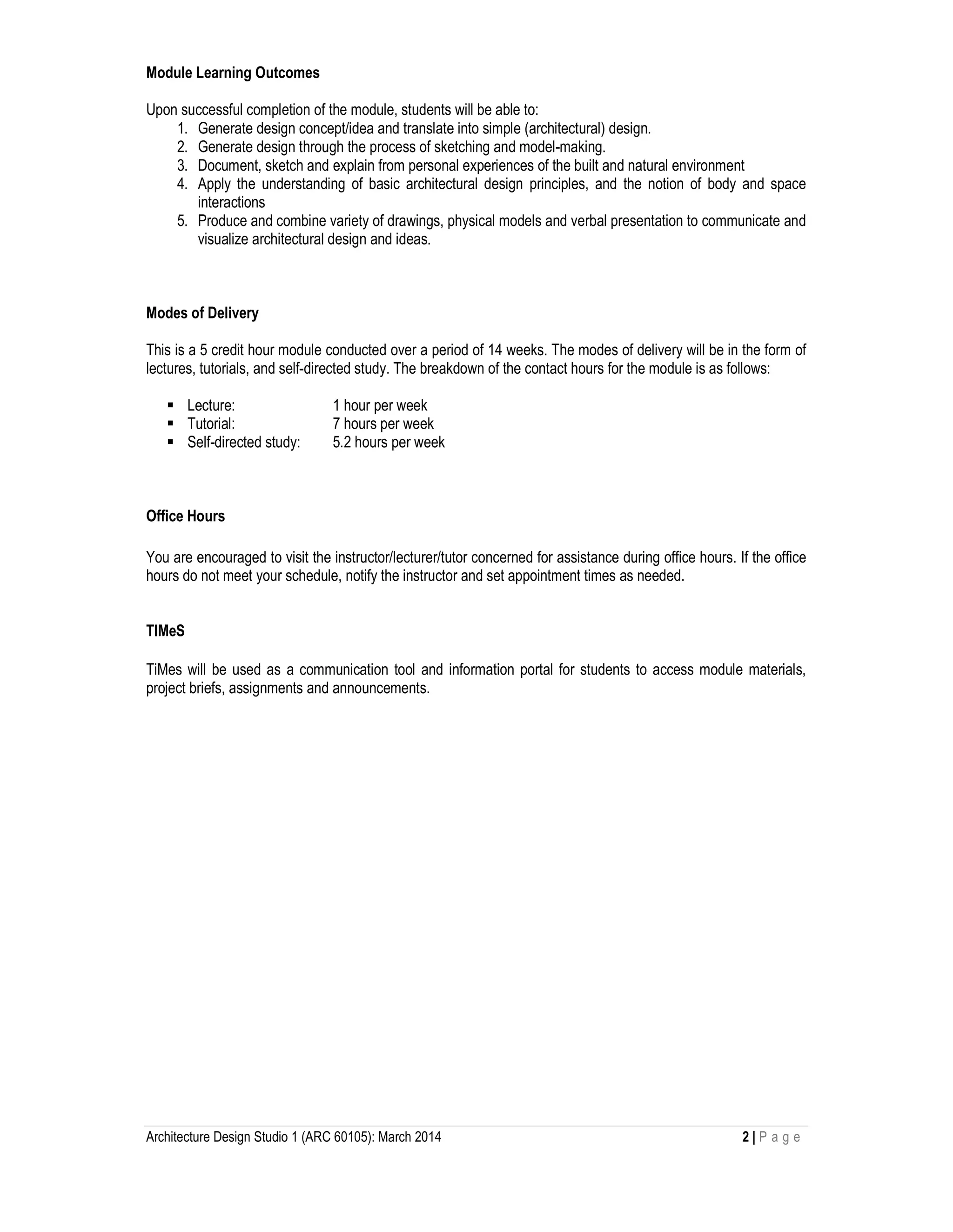 Architecture design studio 1 (arc 60105) module outline (march 2014) | PDF