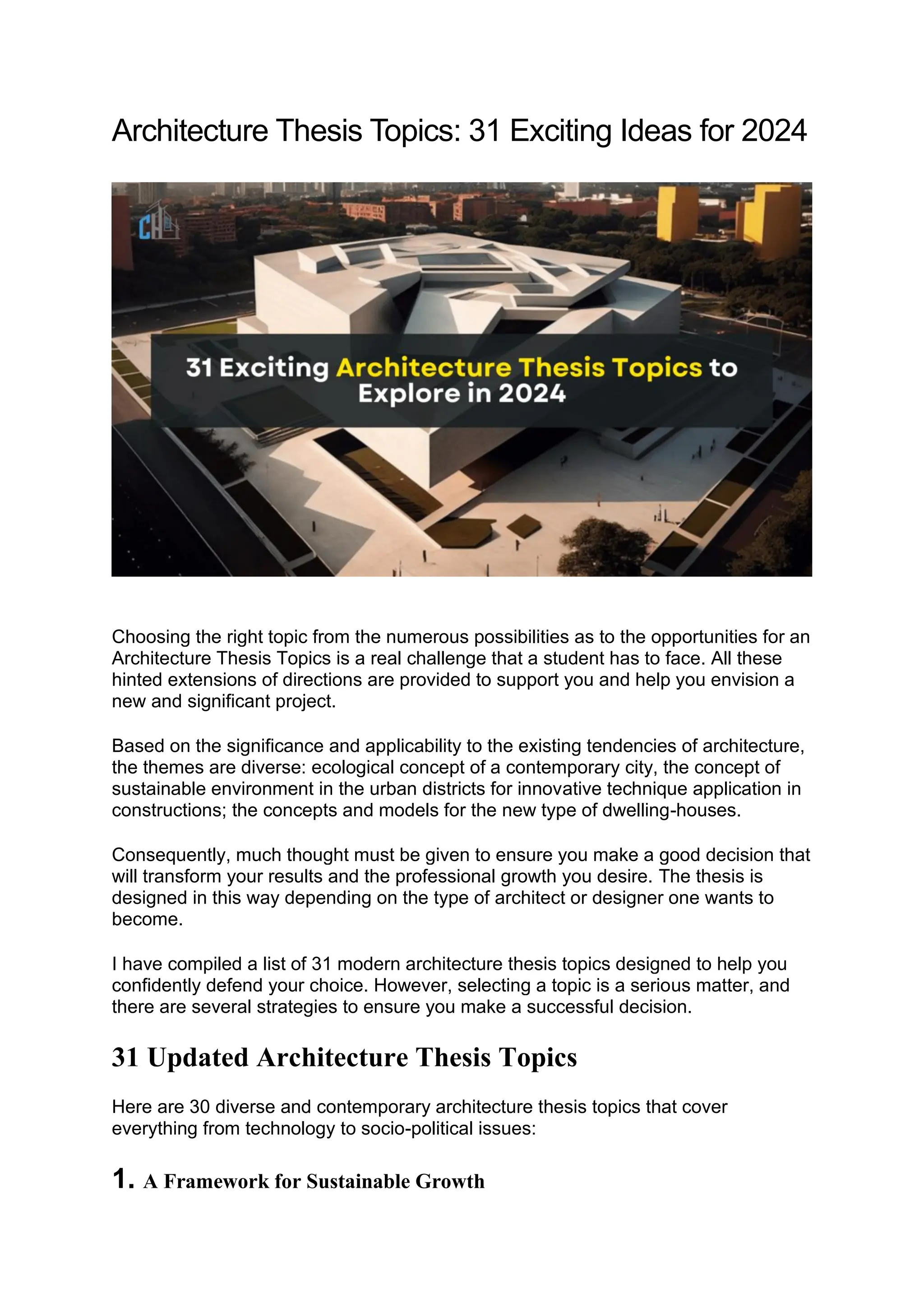 Architecture Thesis Topics: 31 Exciting Ideas for 2024 | PDF