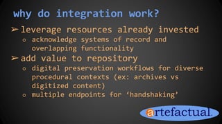 Archivematica integration handshaking towards comprehensive digital ...