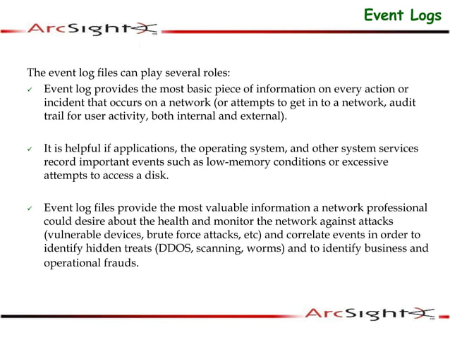 ArcSight Basics.ppt | Operating Systems | Computer Software and Applications