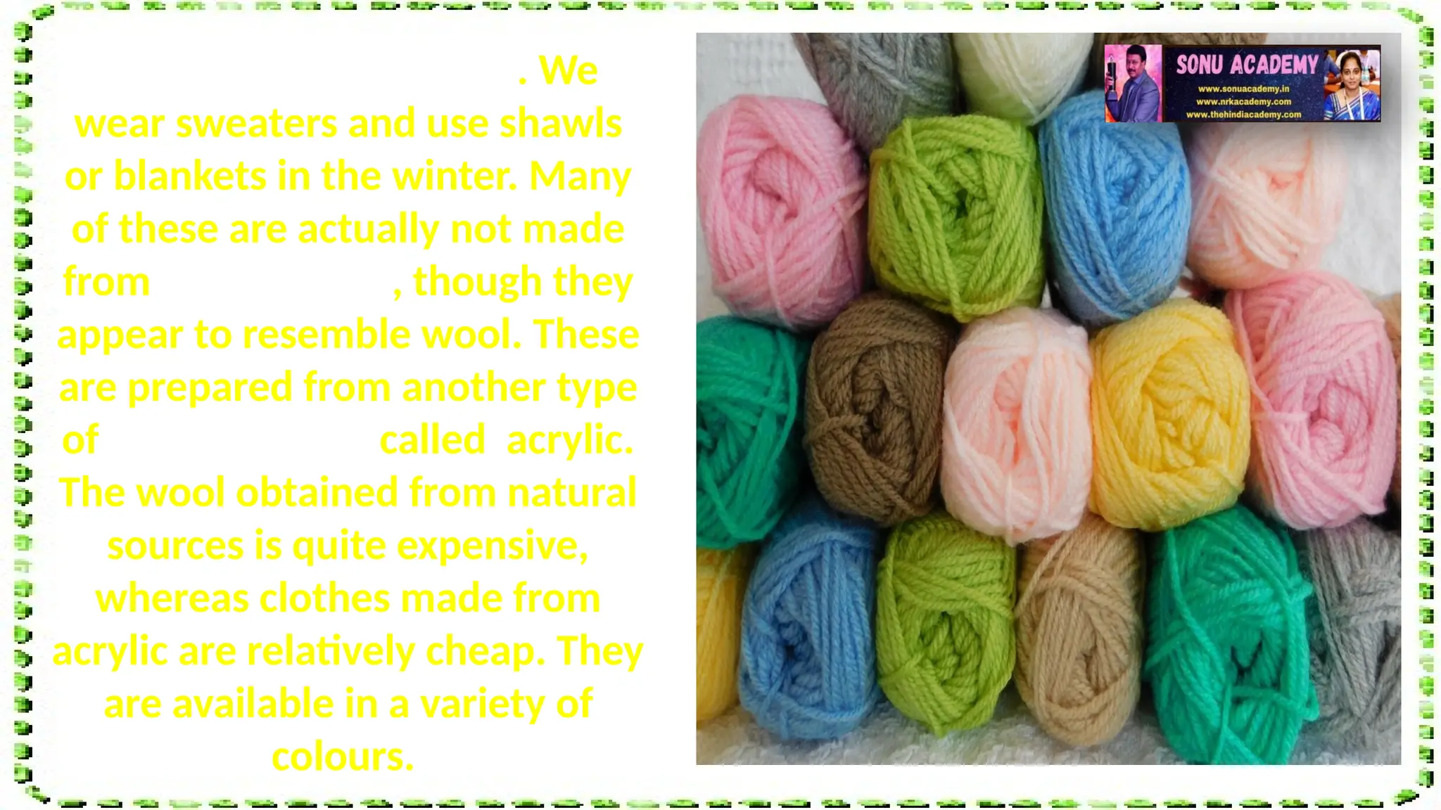 ACRYLIC FIBER - Synthetic Fibers and Plastics Class VIII - Biology CBSE ...