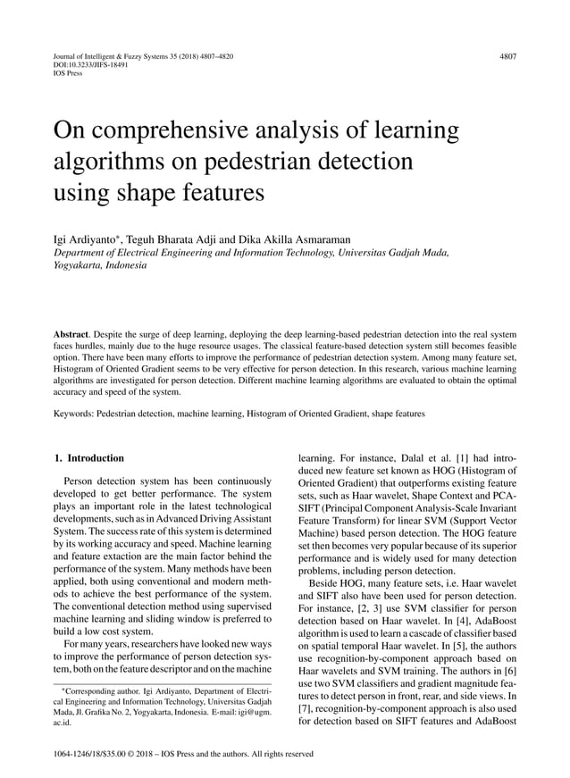 On Comprehensive Analysis Of Learning Algorithms On Pedestrian Detection Using Shape Features Pdf