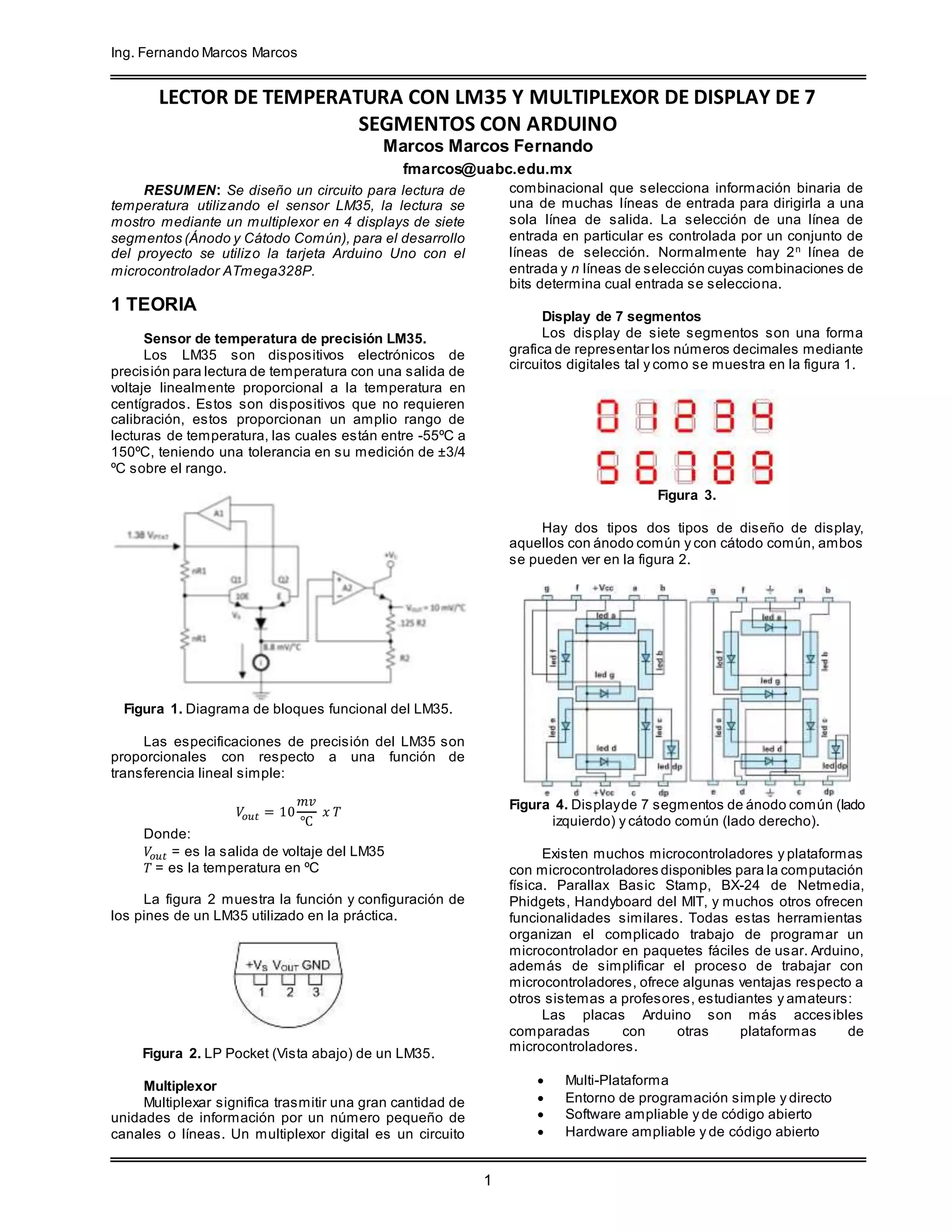 LECTOR DE TEMPERATURA CON LM35 Y MULTIPLEXOR DE DISPLAY DE 7 SEGMENTOS CON ARDUINO | DOCX ...