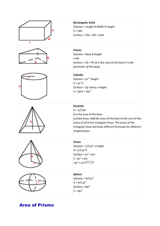 Area and volume of 2 d and 3d dimensial shape | PDF