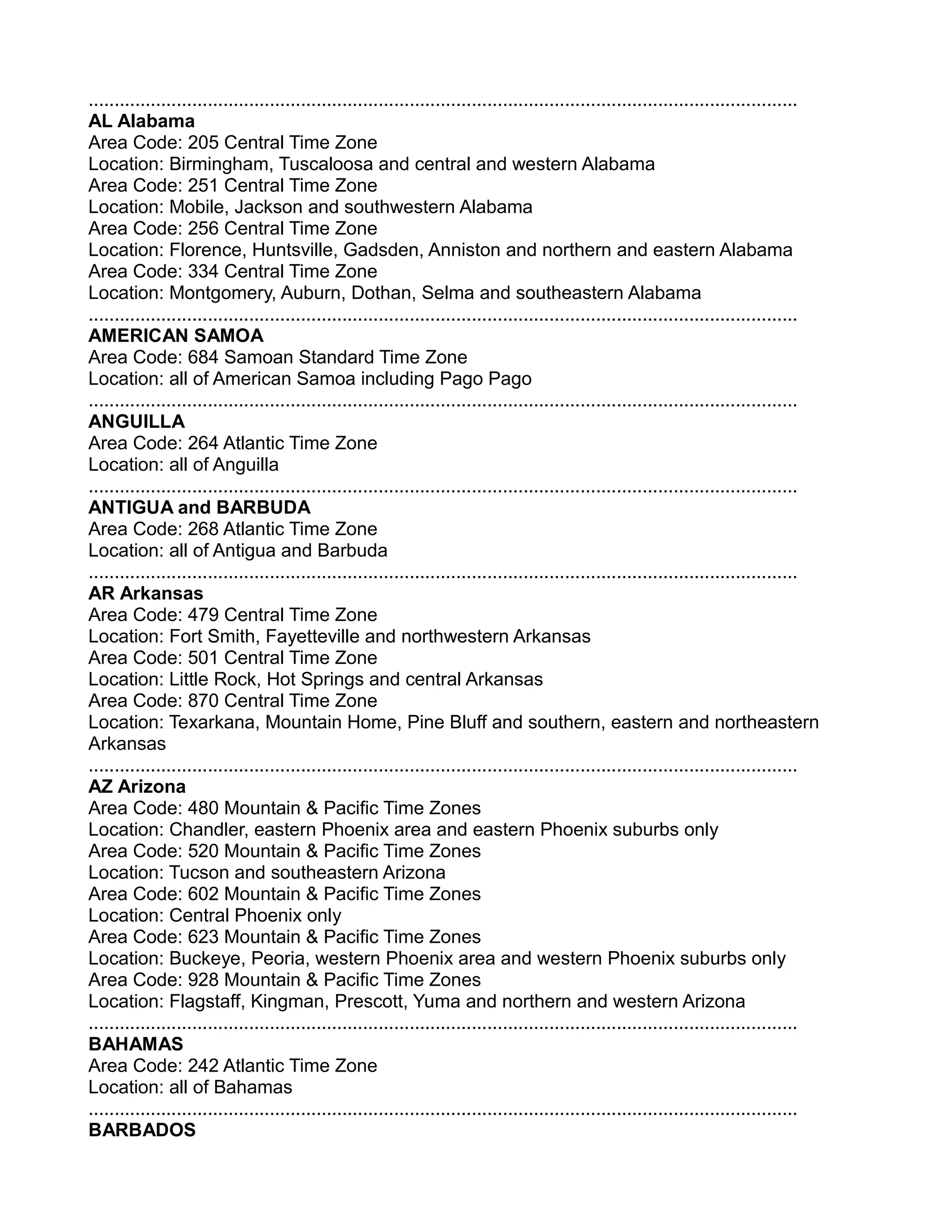 Area Code and Time Zone Database | PDF