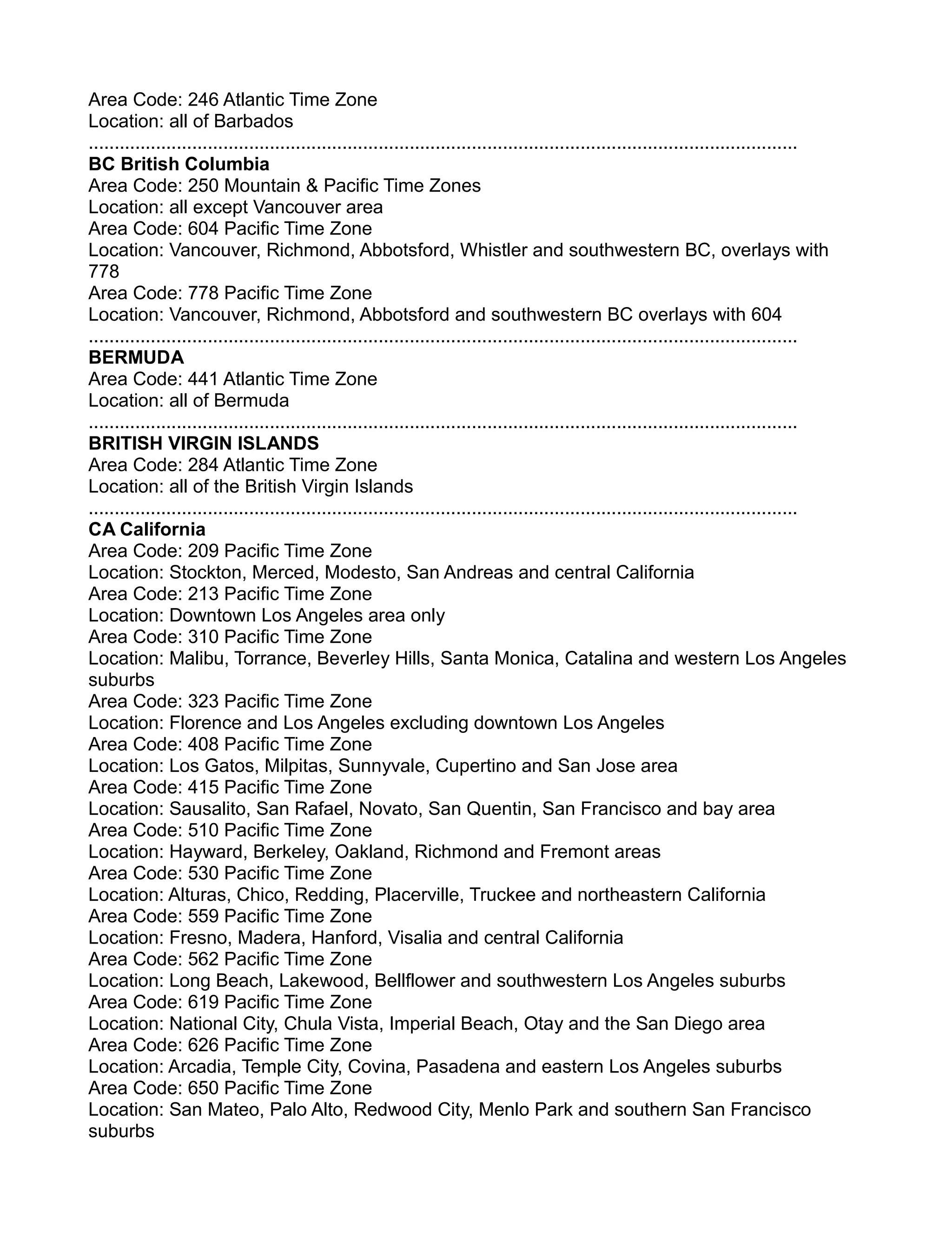 Area Code and Time Zone Database | PDF