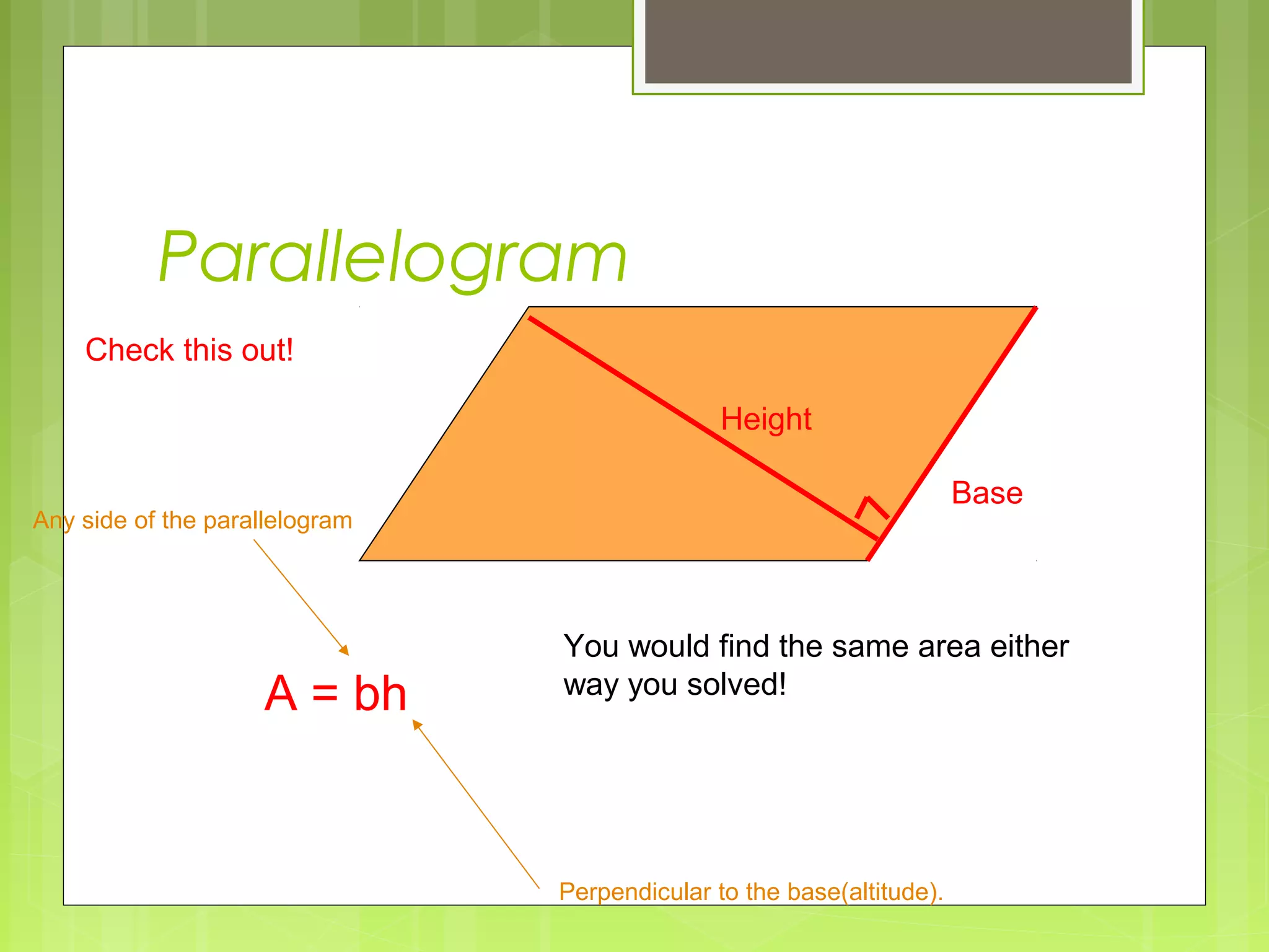 Area of rhumbuses parellellograms and triangles | PPT