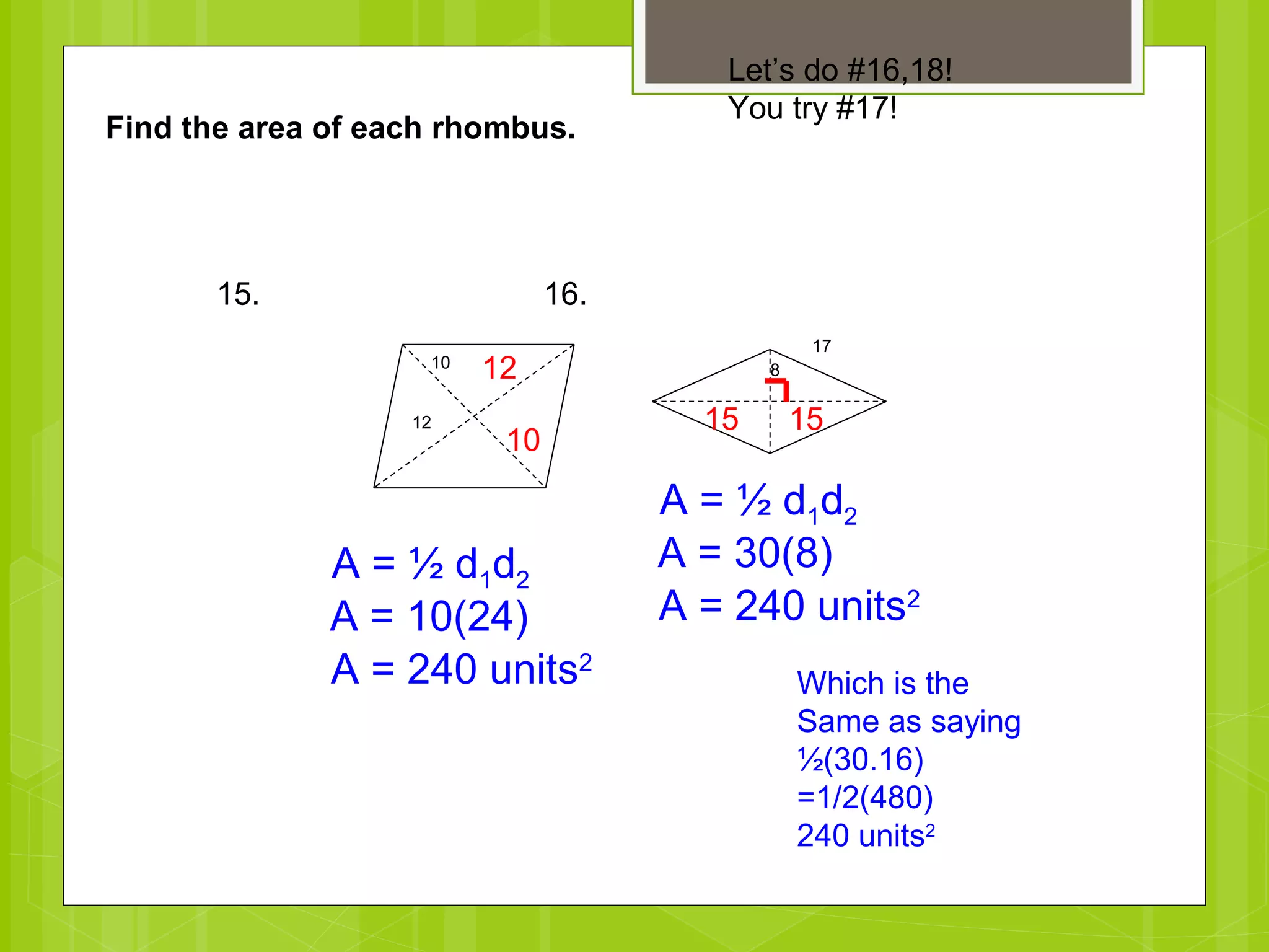 Area of rhumbuses parellellograms and triangles | PPT