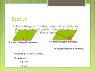 Area of rhumbuses parellellograms and triangles | PPT