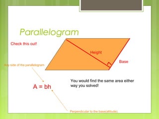 Area of rhumbuses parellellograms and triangles | PPT