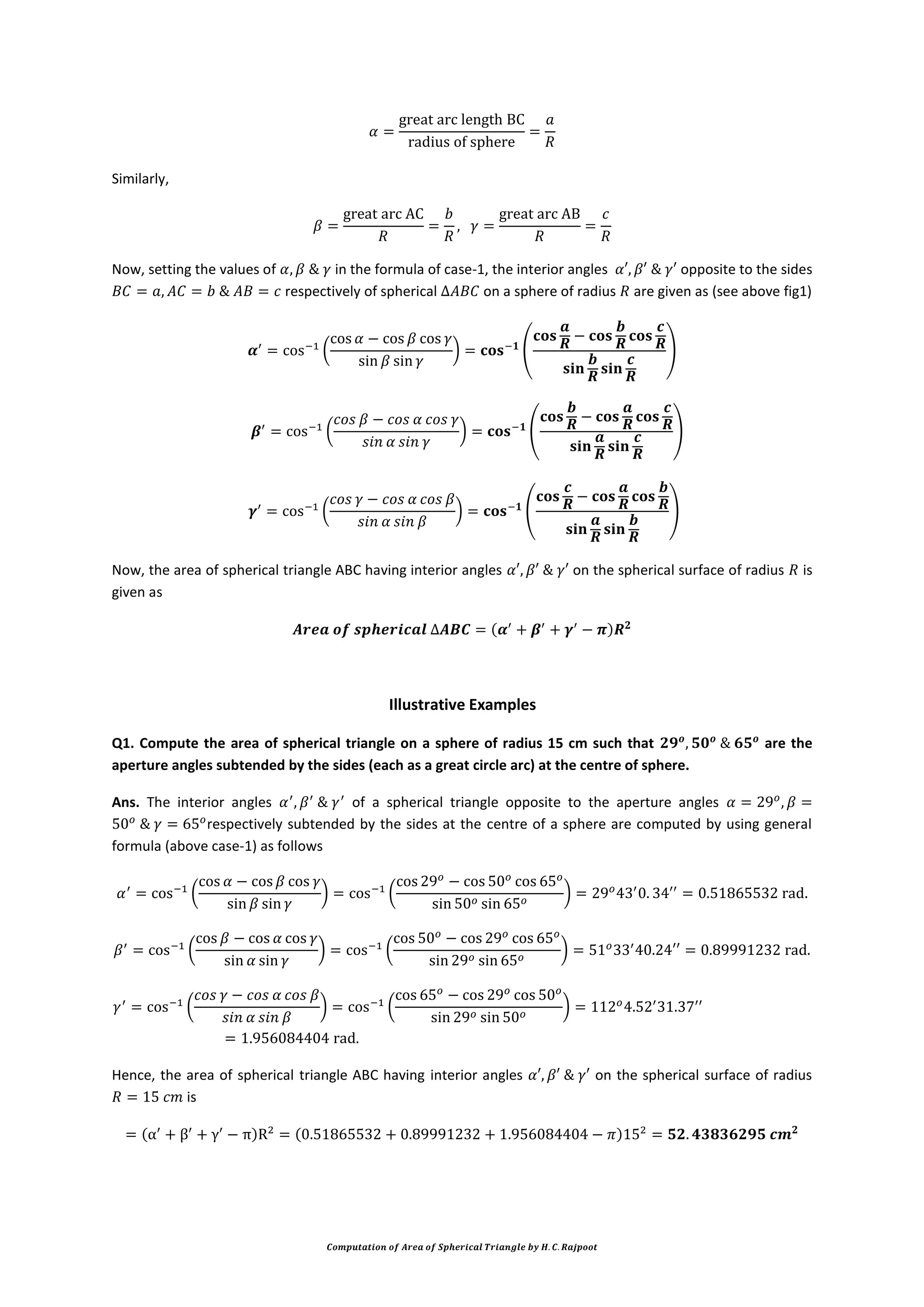 How to compute area of spherical triangle given the aperture angles ...