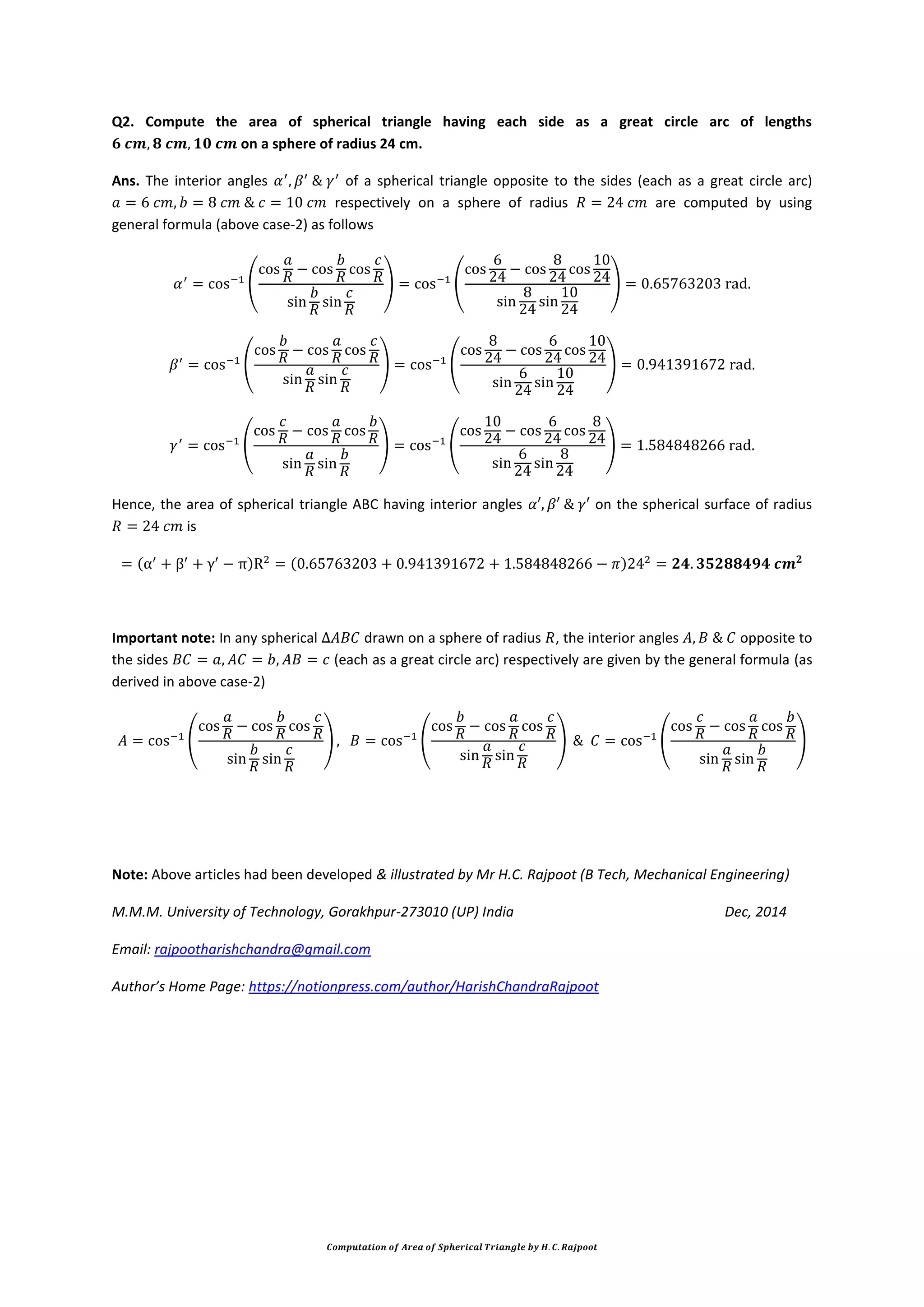 How to compute area of spherical triangle given the aperture angles ...
