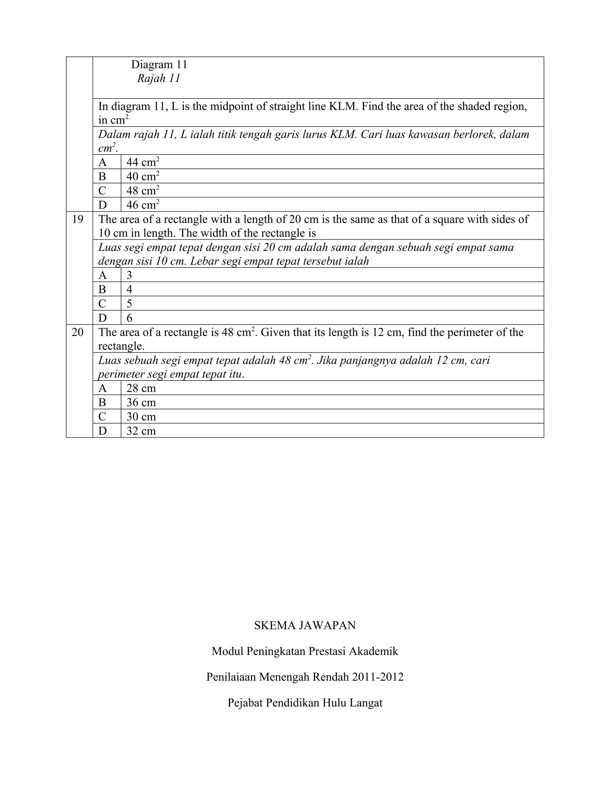 Area & perimeter pmr paper 1 | DOC