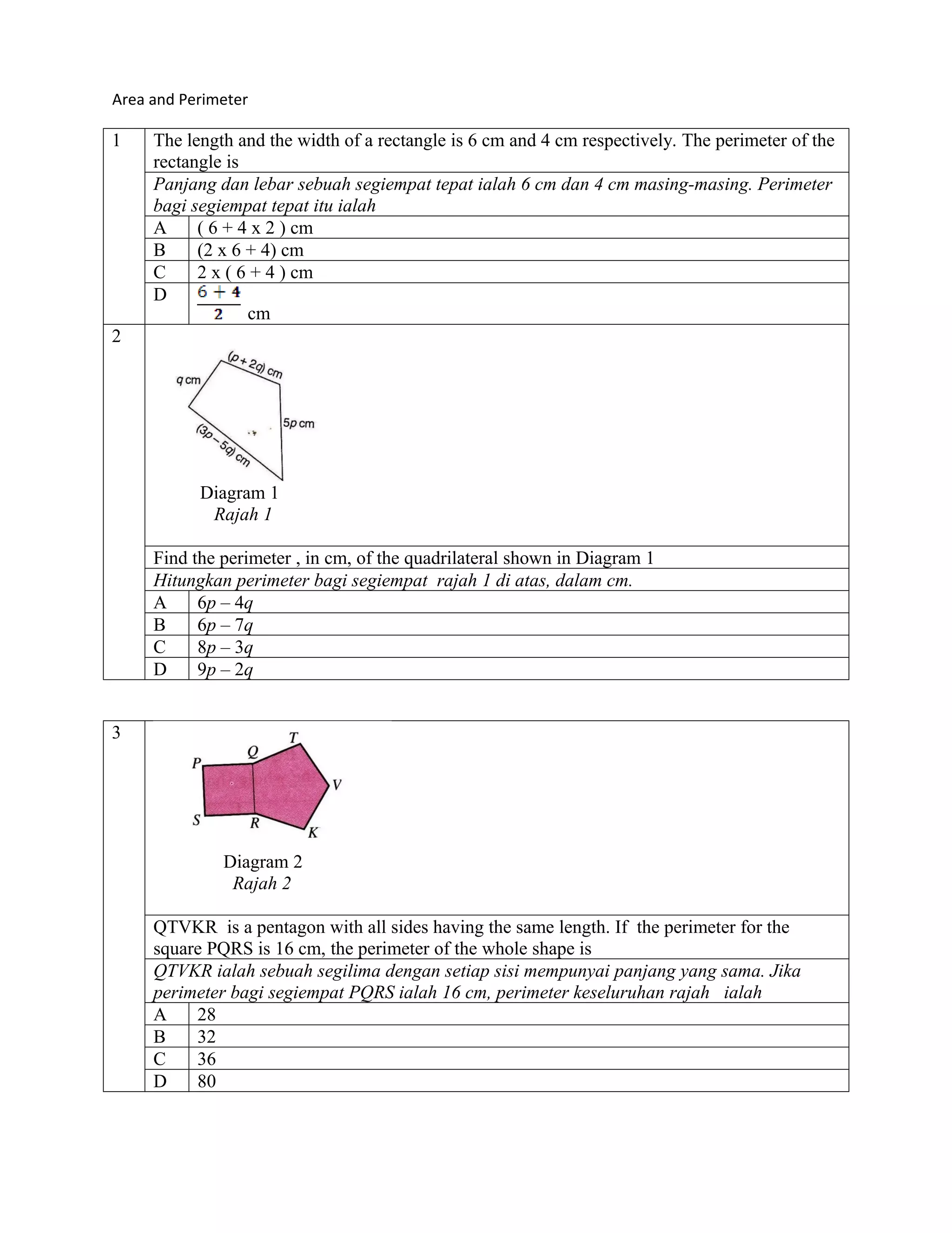 Area & perimeter pmr paper 1 | PDF