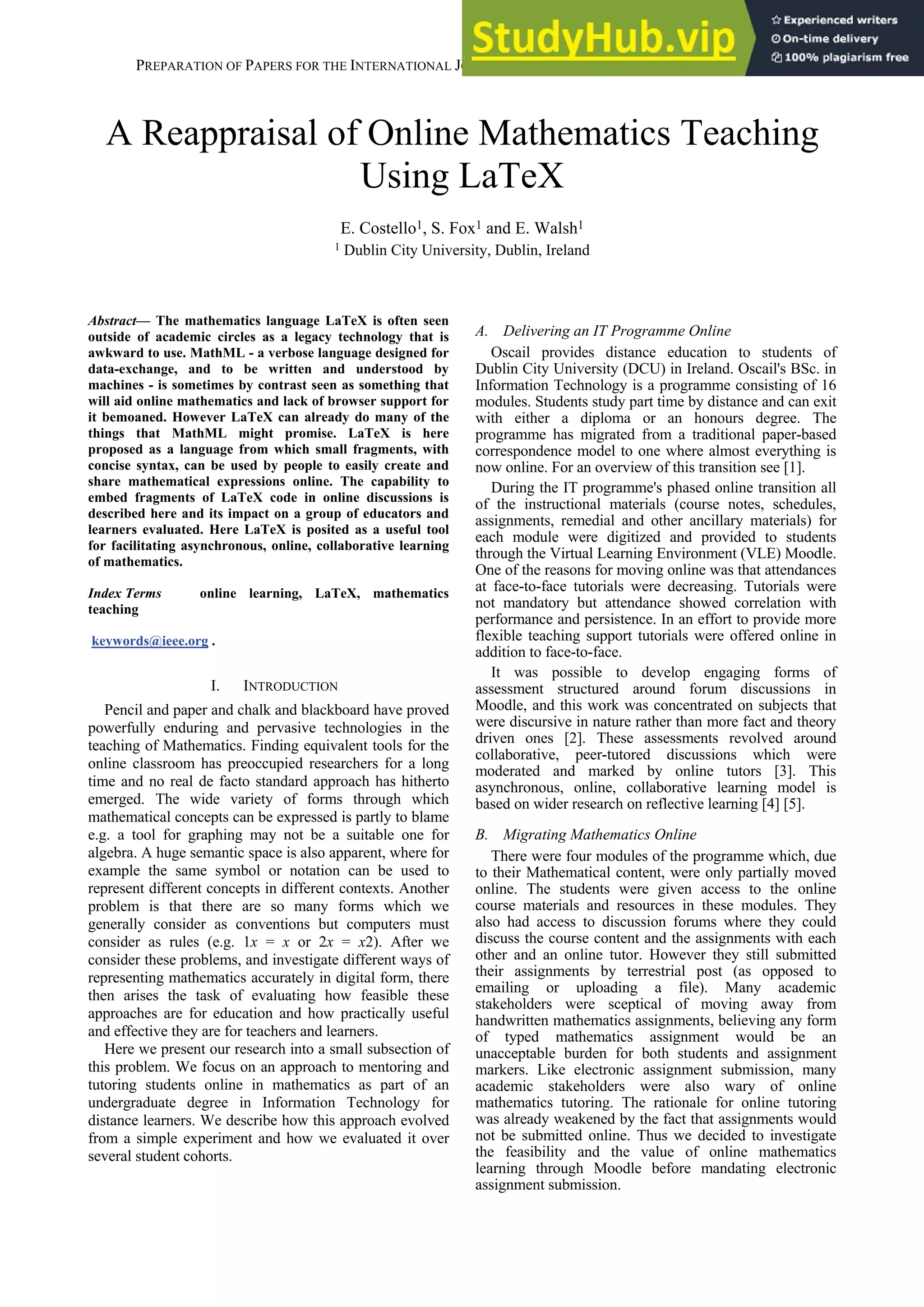 A Reappraisal Of Online Mathematics Teaching Using LaTeX | PDF | Educational Assessment | Education