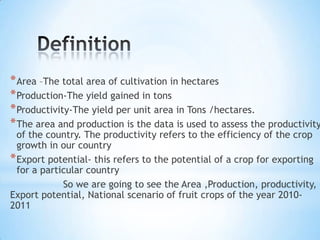 Area & production, productivity,export potential,and national scenario ...
