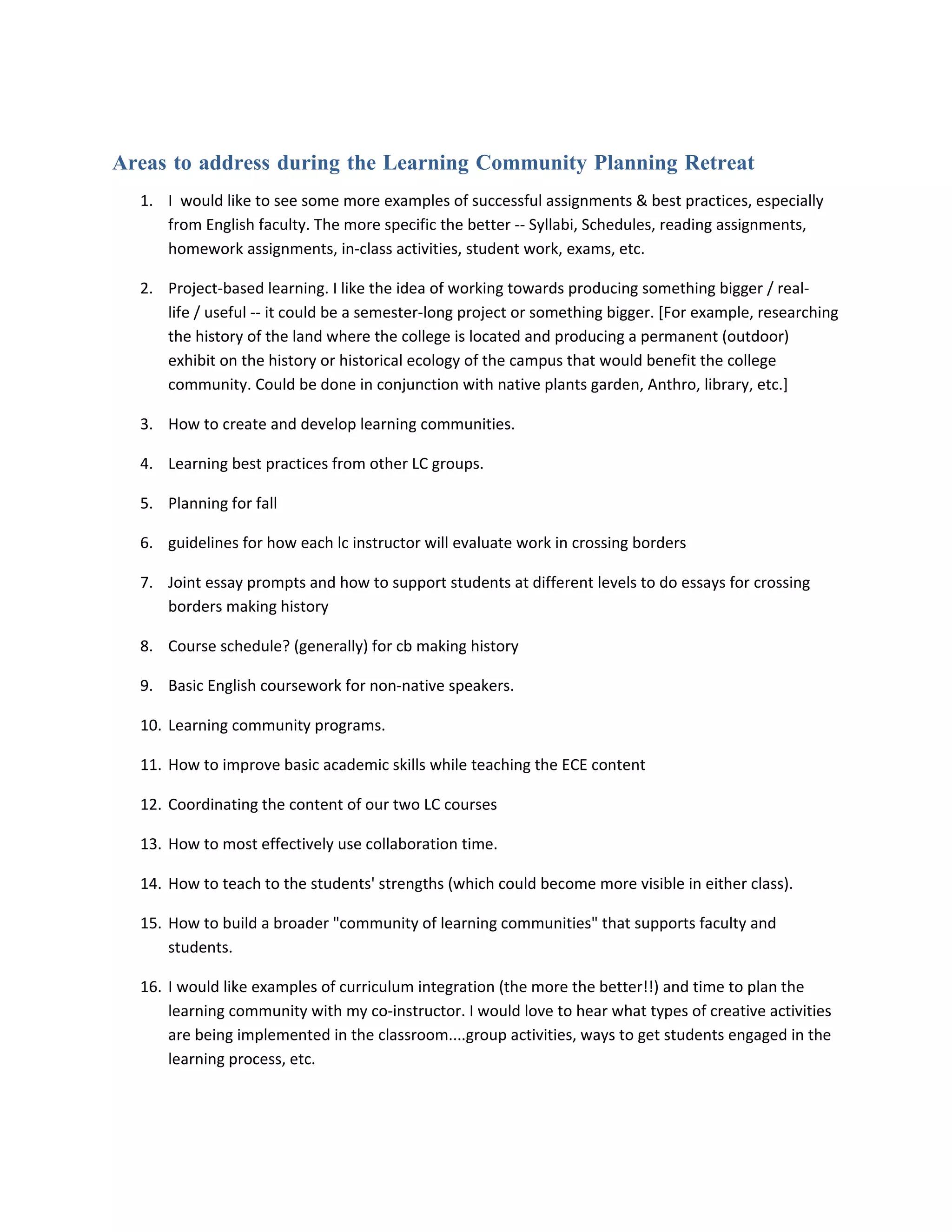 Areas To Address During The Learning Community Planning Retreat | PDF