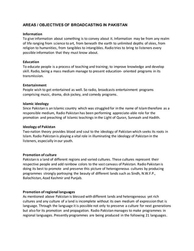 Areas objectives of broadcasting | DOCX | Public Radio | Talk Radio