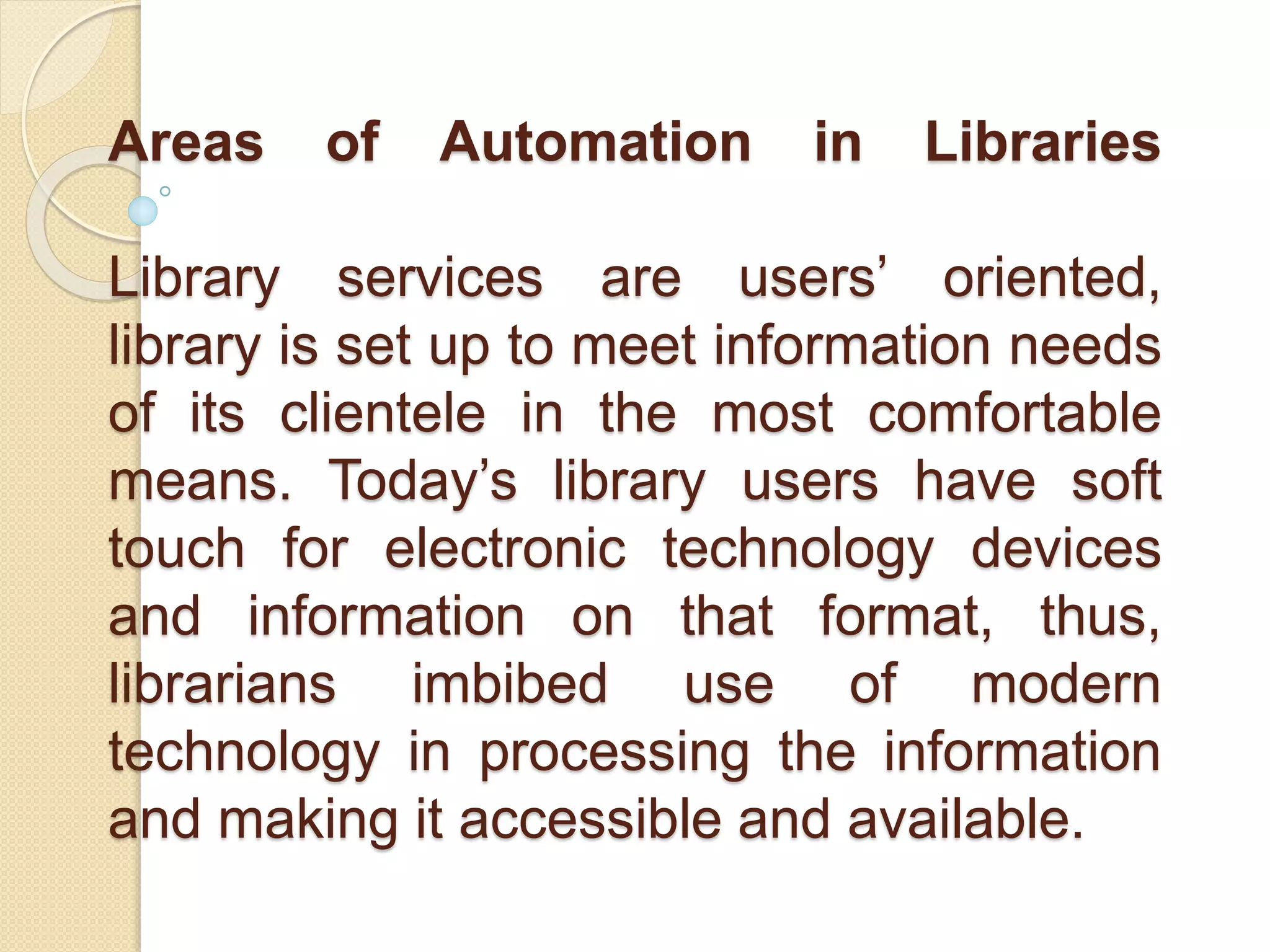 Areas of automation in library | PPTX