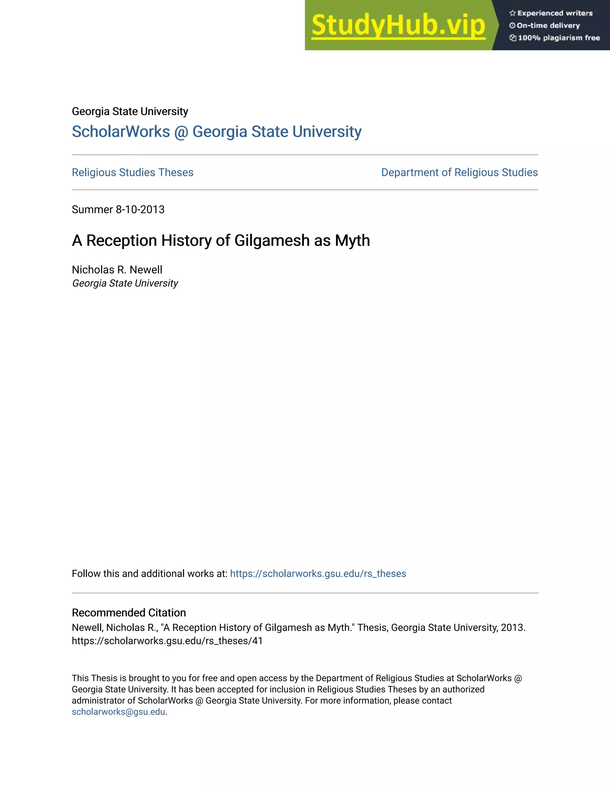 A Reception History Of Gilgamesh As Myth | PDF