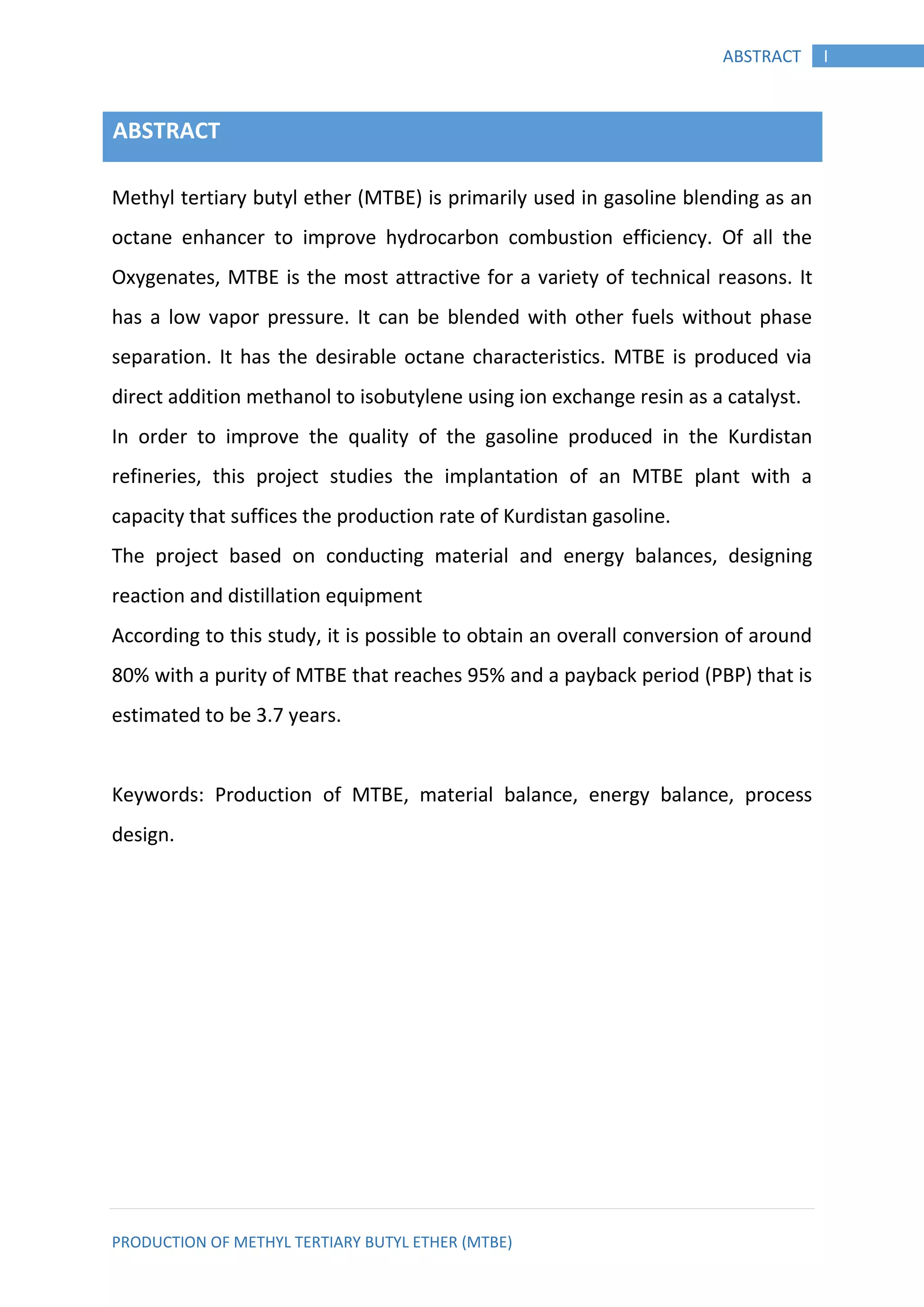 PRODUCTION OF METHYL TERTIARY BUTYL ETHER (MTBE) | PDF