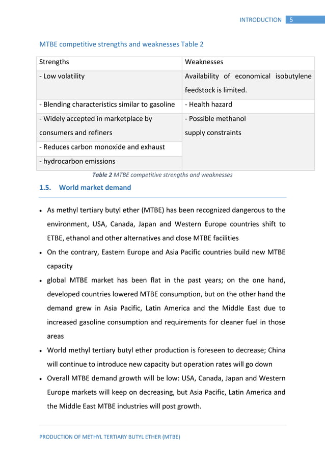 PRODUCTION OF METHYL TERTIARY BUTYL ETHER (MTBE) | PDF | Chemistry | Science