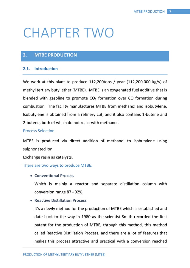 PRODUCTION OF METHYL TERTIARY BUTYL ETHER (MTBE) | PDF | Chemistry ...