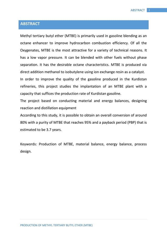 PRODUCTION OF METHYL TERTIARY BUTYL ETHER (MTBE) | PDF | Chemistry ...