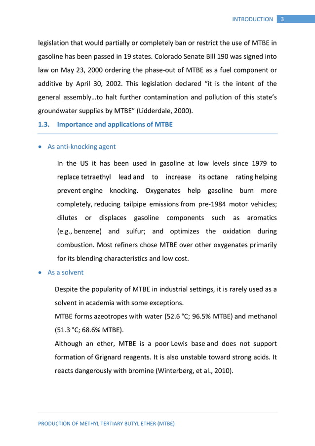 PRODUCTION OF METHYL TERTIARY BUTYL ETHER (MTBE) | PDF | Chemistry ...