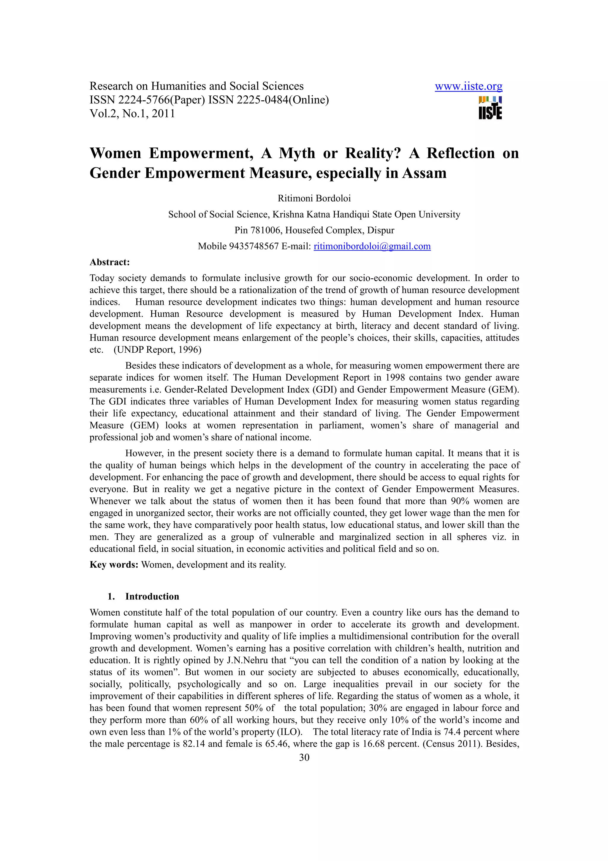 A reflection on gender empowerment measure, especially in assam | PDF