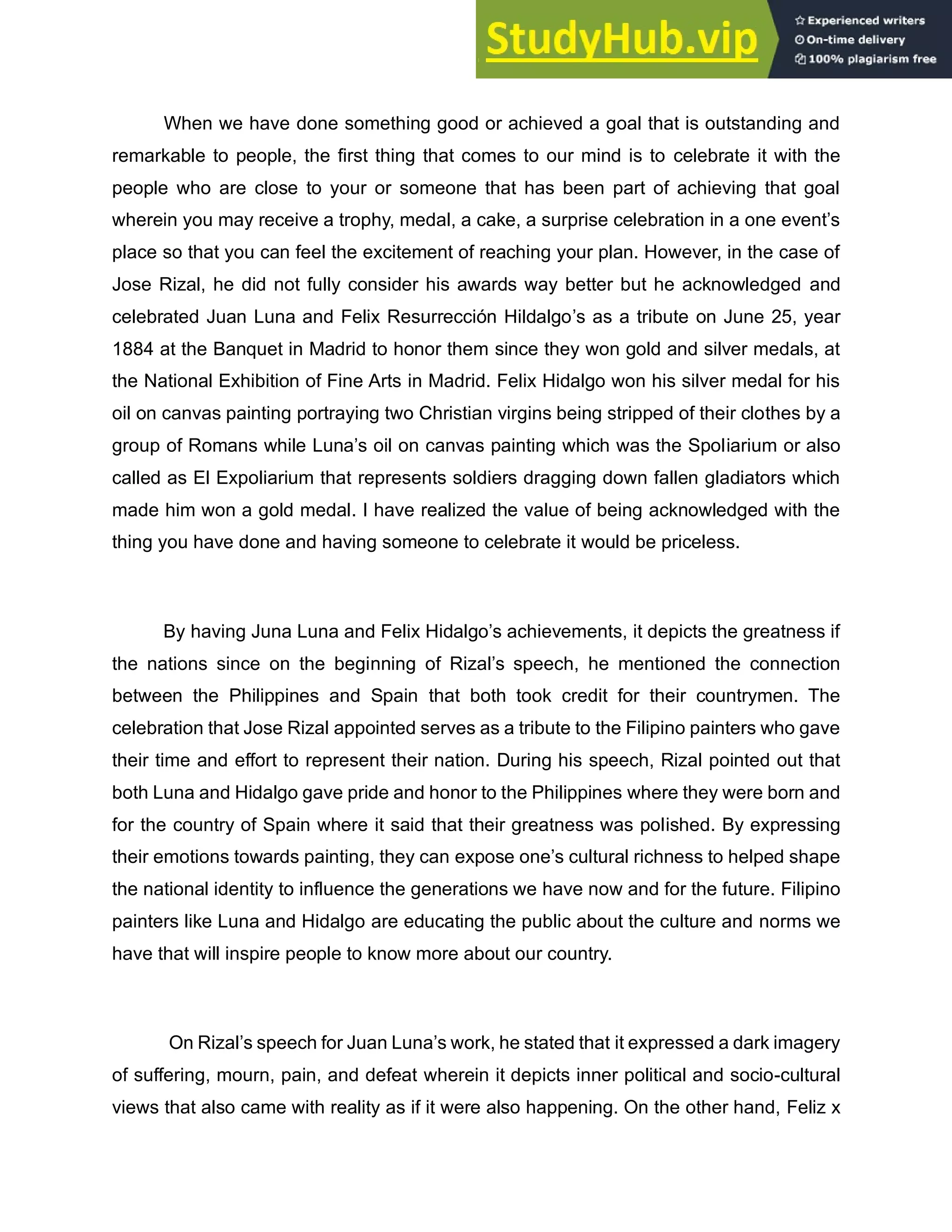 A Reflection Paper Summarizing Rizal S Speech In Honor Of Luna And ...
