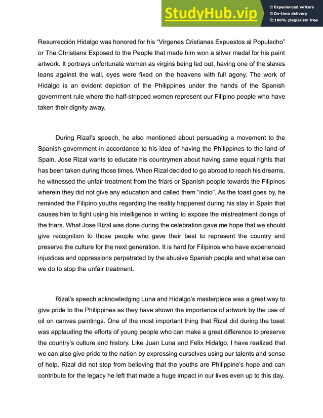 A Reflection Paper Summarizing Rizal S Speech In Honor Of Luna And Hidalgo | PDF