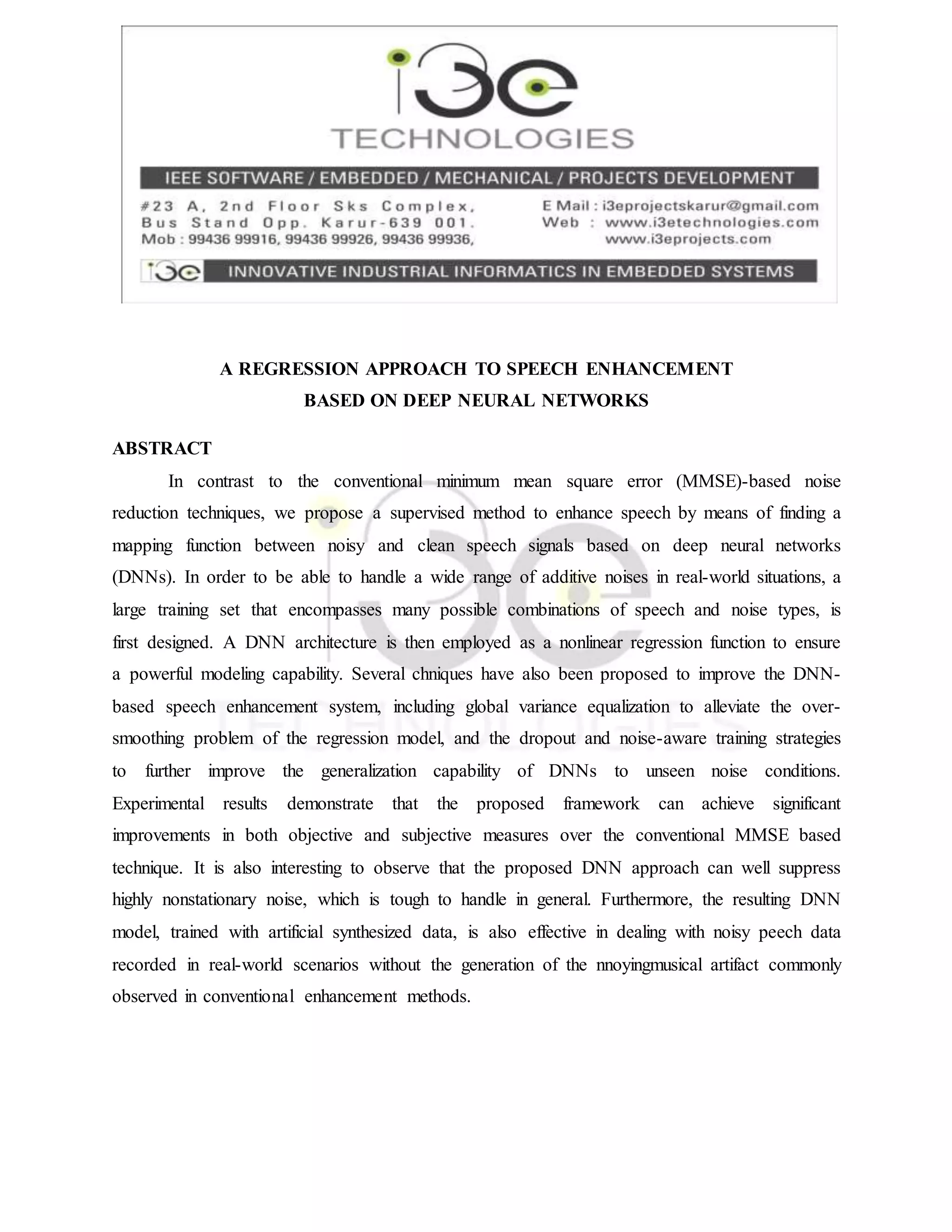 A REGRESSION APPROACH TO SPEECH ENHANCEMENT BASED ON DEEP NEURAL NETWORKS | DOCX