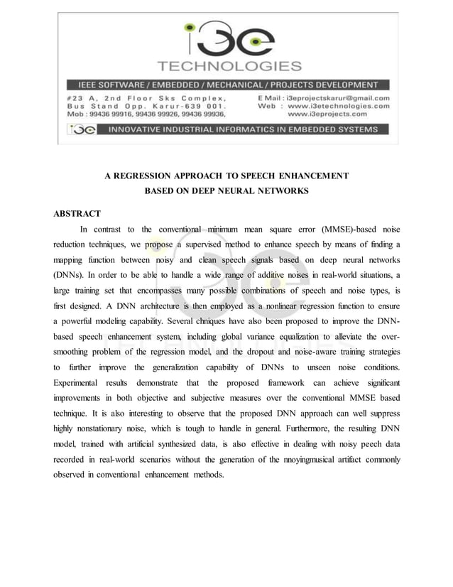 A REGRESSION APPROACH TO SPEECH ENHANCEMENT BASED ON DEEP NEURAL NETWORKS | DOCX